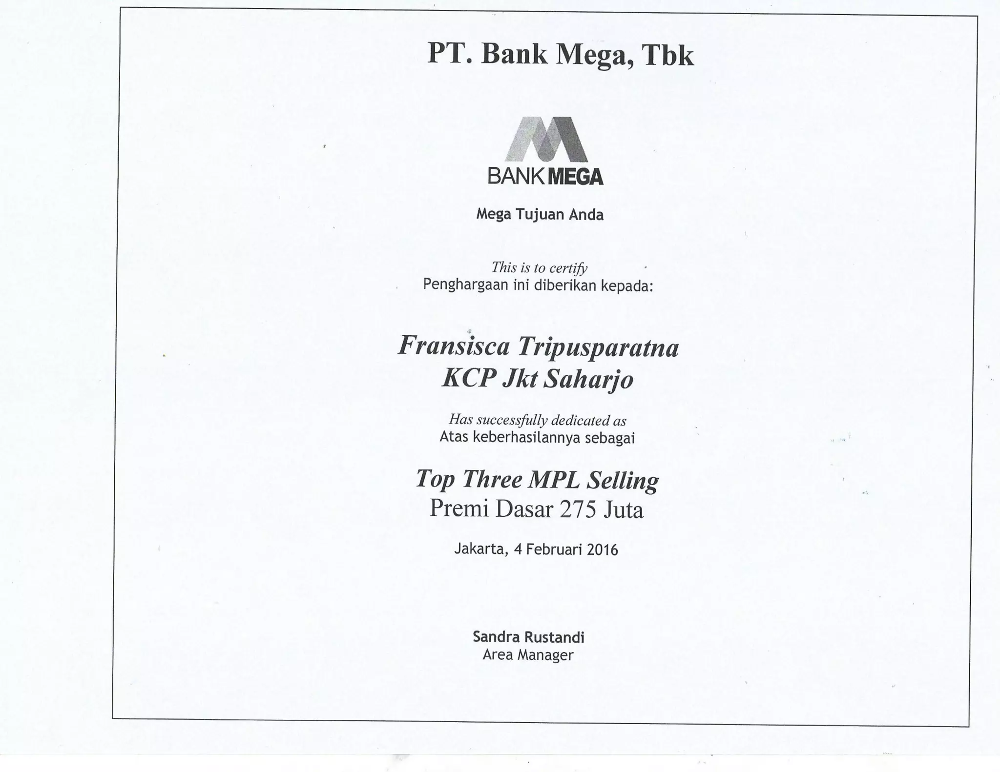 certificate bank mega sisca | PDF