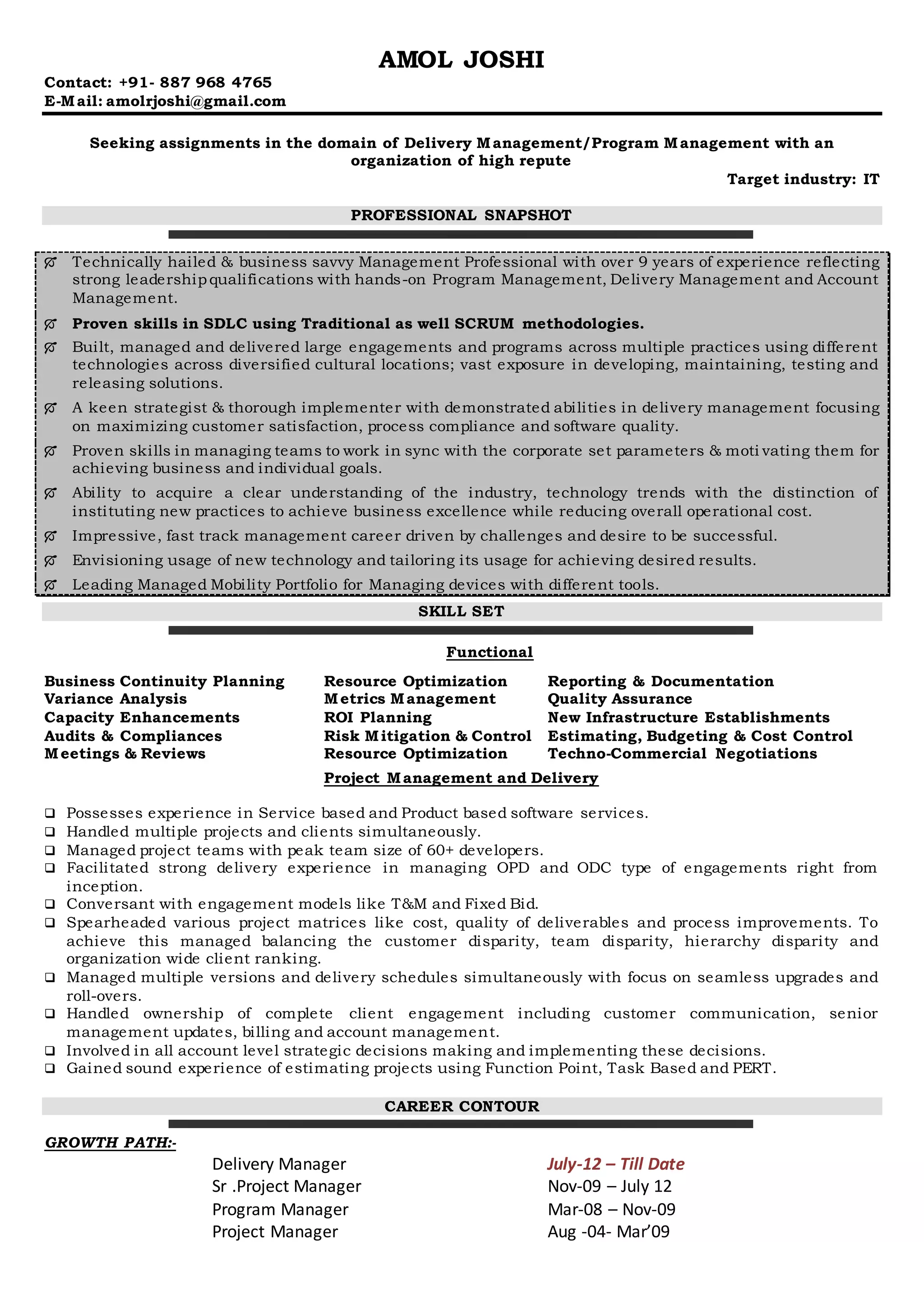New Resume Amol Joshi Delivery Management | DOCX