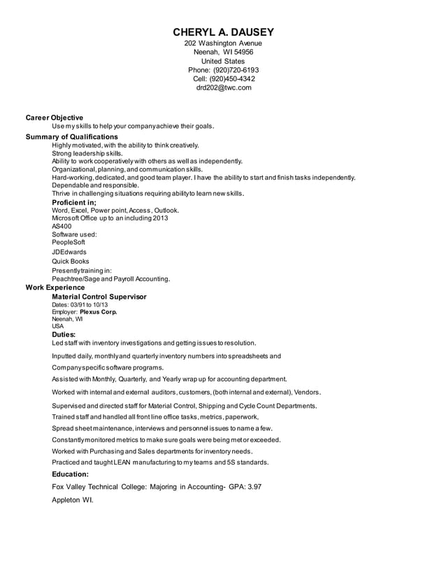 resume Cheryl 2.rtf | Business | Business and Finance
