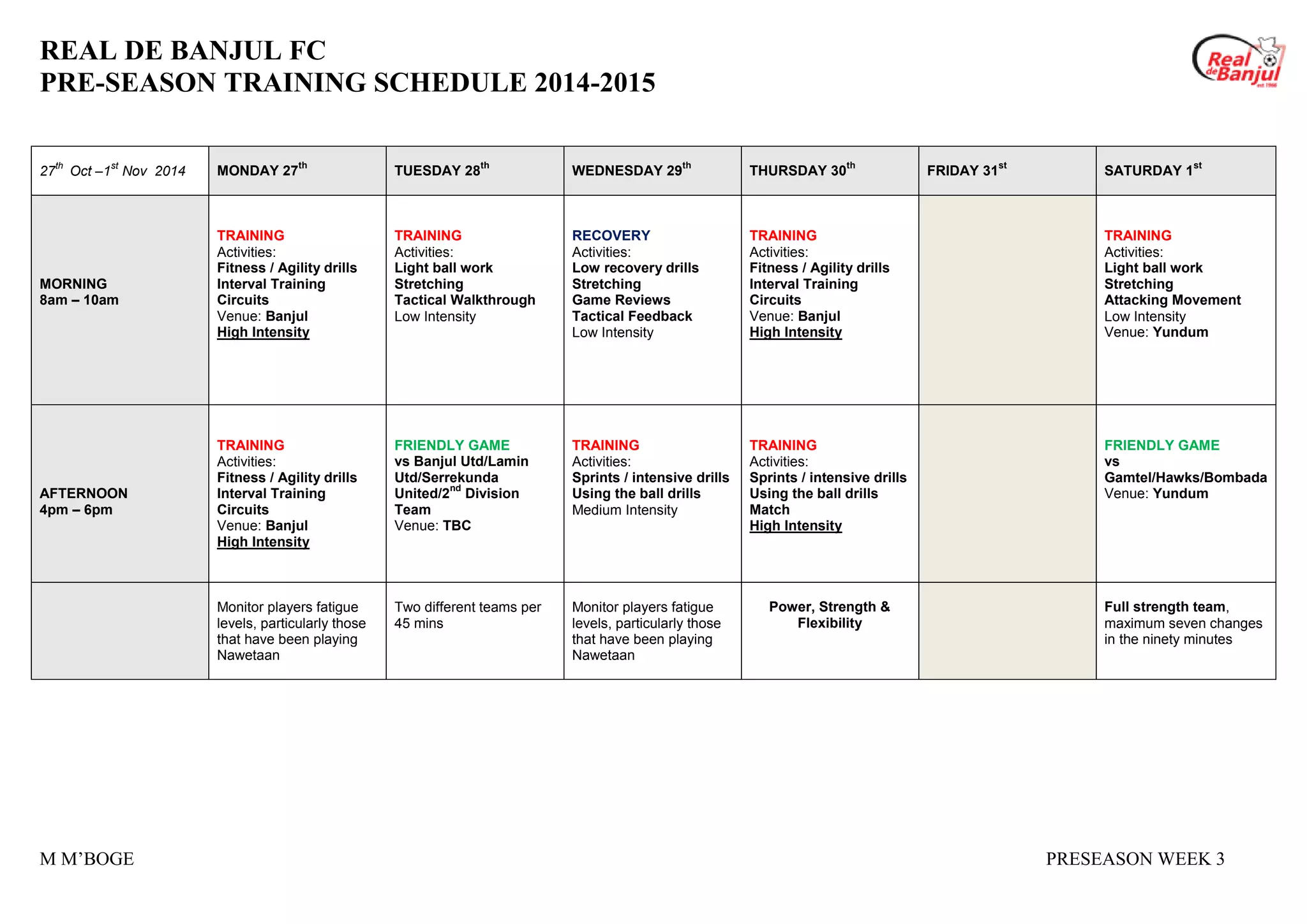 Pre-Season Training Schedule 2014-15 | PDF | Soccer | Sports