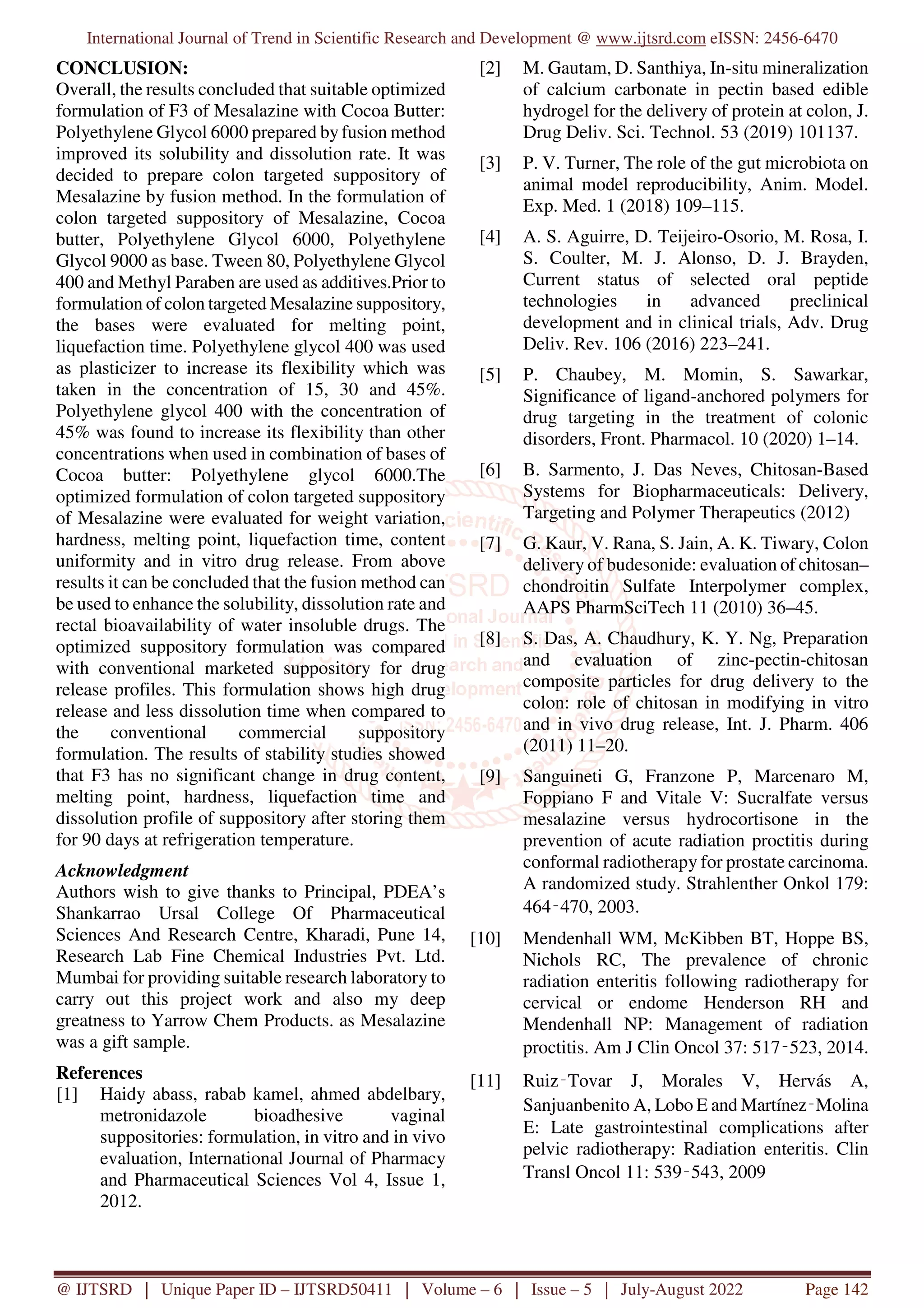 Formulation and Evaluation of Colon Targeted Suppository of Mesalazine ...
