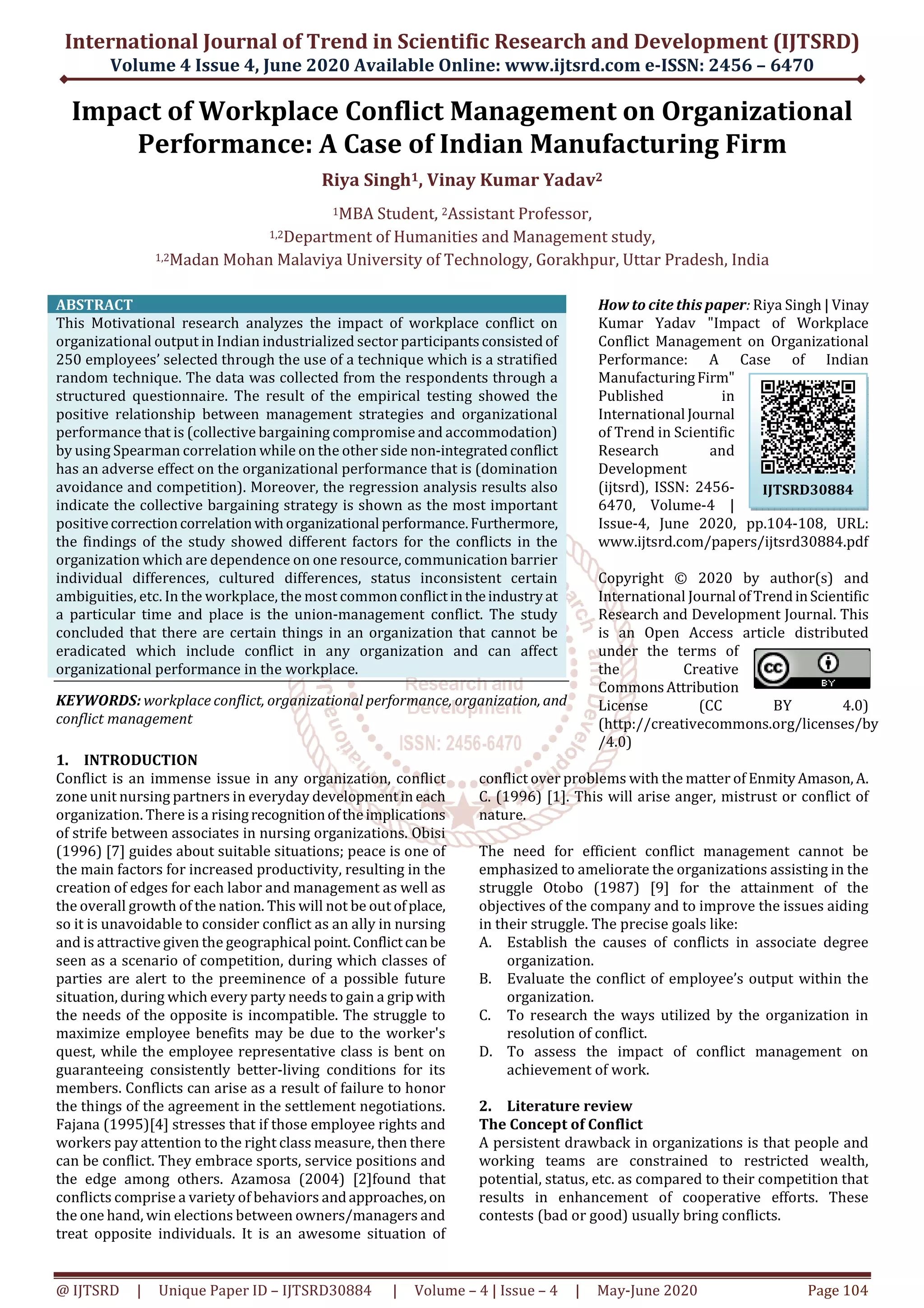 Impact of Workplace Conflict Management on Organizational Performance A ...