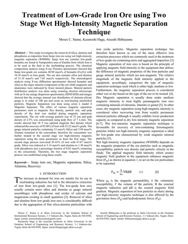 Treatment of Low-Grade Iron Ore using Two Stage Wet High-Intensity ...
