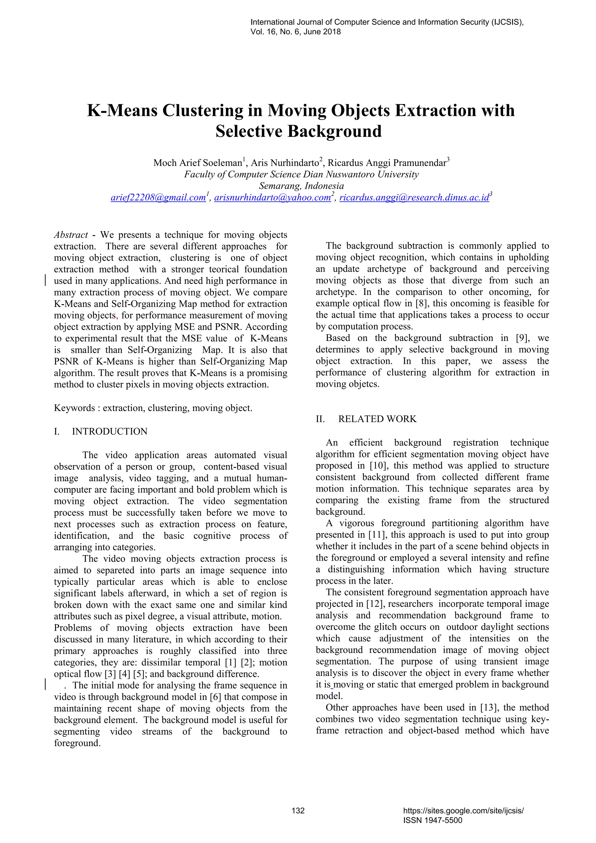 K Means Clustering In Moving Objects Extraction With Selective Background Pdf