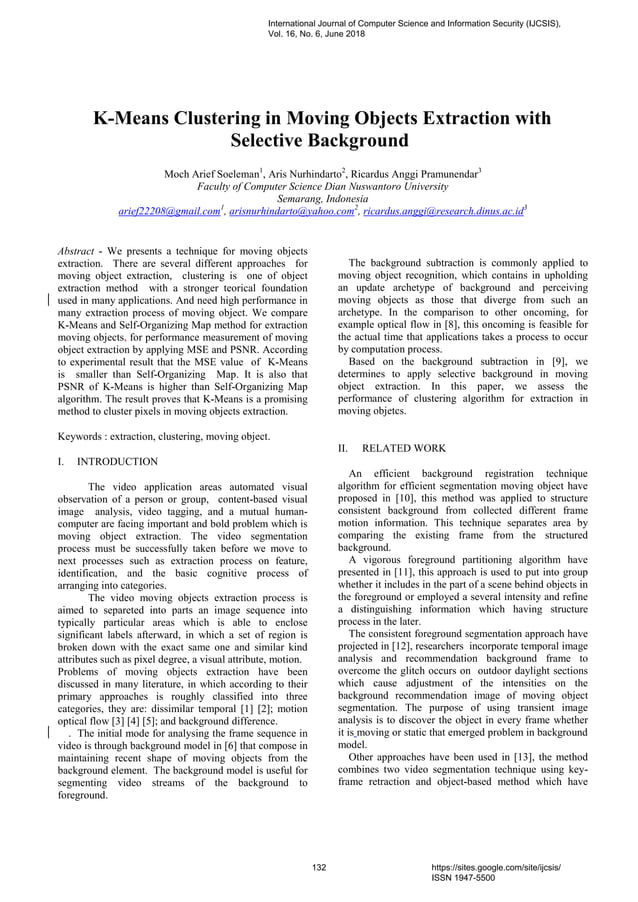 K Means Clustering In Moving Objects Extraction With Selective Background Pdf