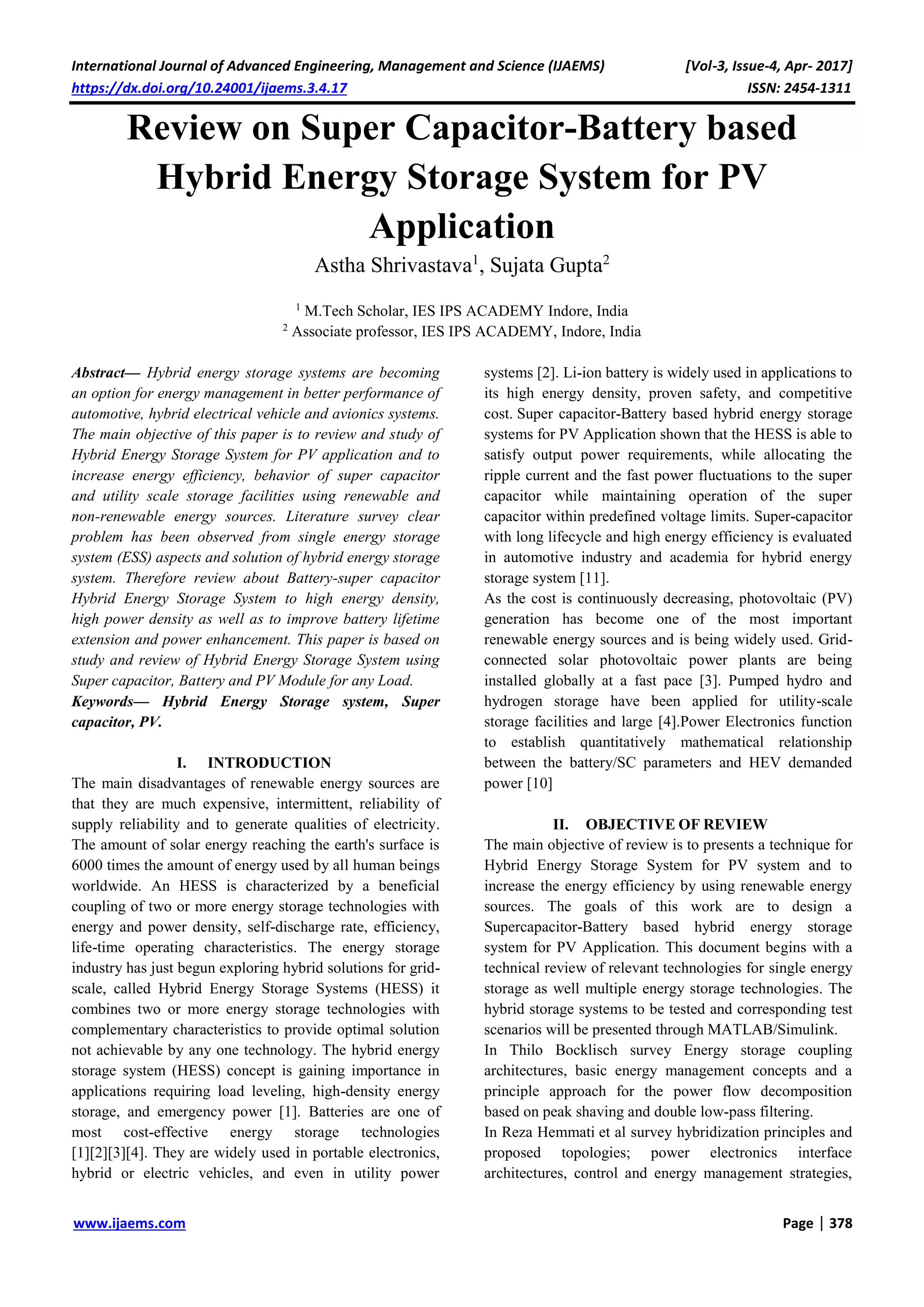 Review on Super Capacitor-Battery based Hybrid Energy Storage System for PV Application | PDF