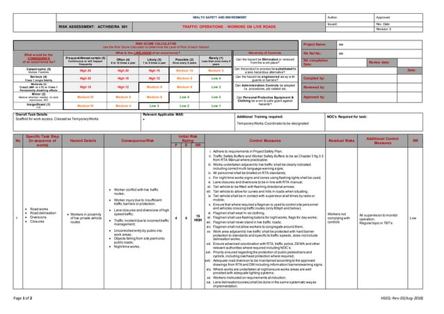 17 traffic operations working on live roads risk assessment templates ...