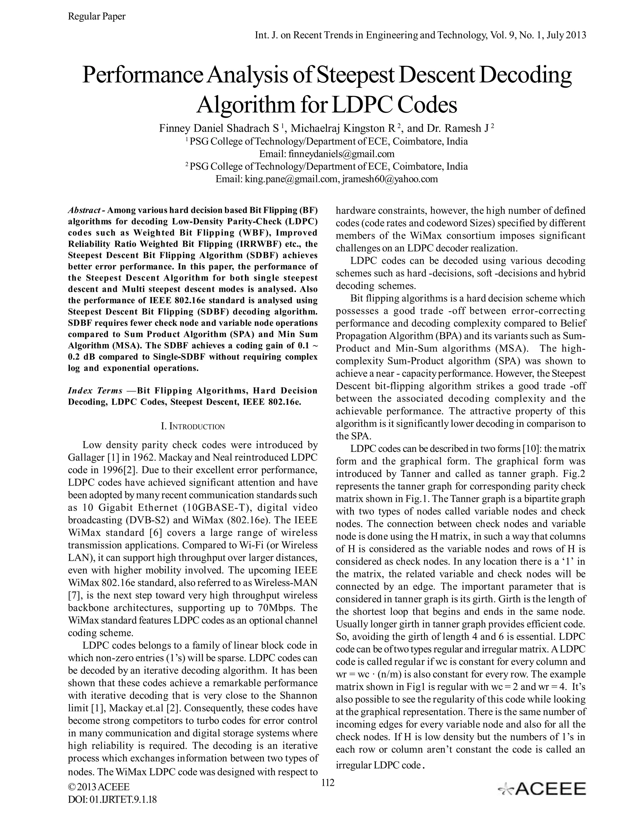 Performance Analysis Of Steepest Descent Decoding Algorithm For Ldpc Codes Pdf