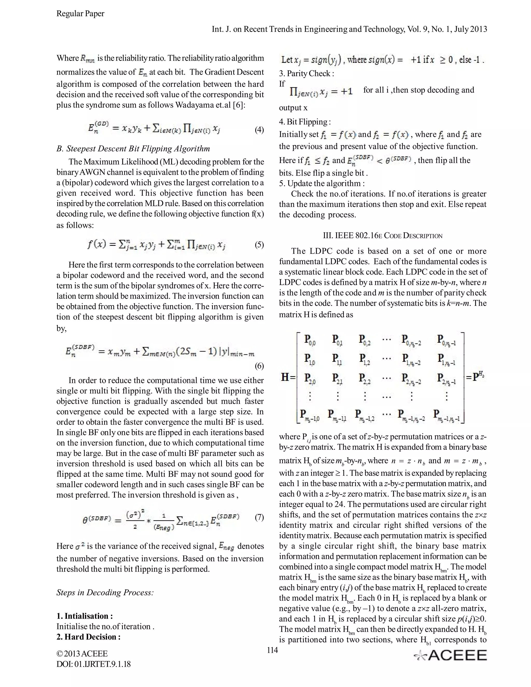 Performance Analysis of Steepest Descent Decoding Algorithm for LDPC Codes | PDF