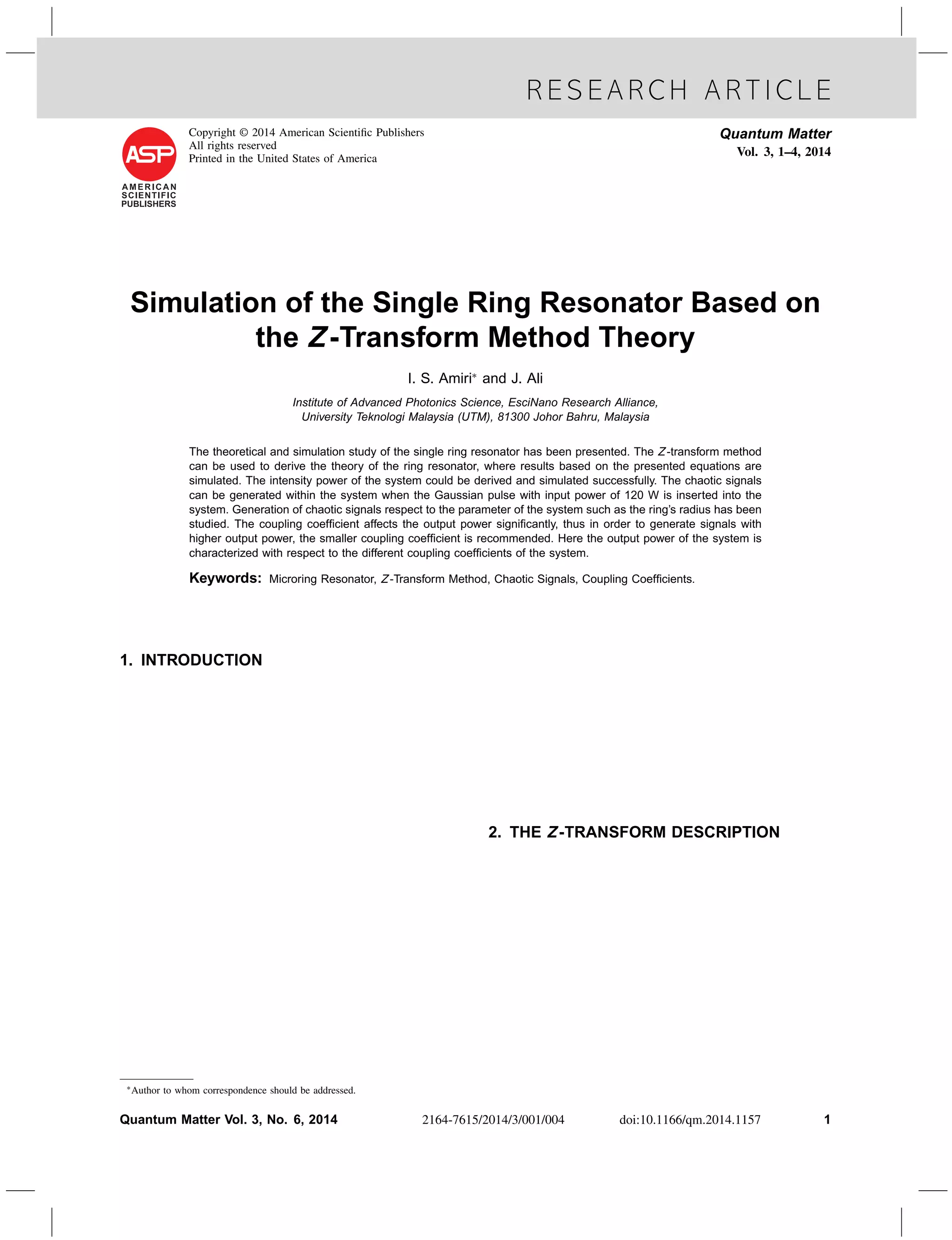 Simulation of the Single Ring Resonator Based on the Z-Transform Method Theory | PDF