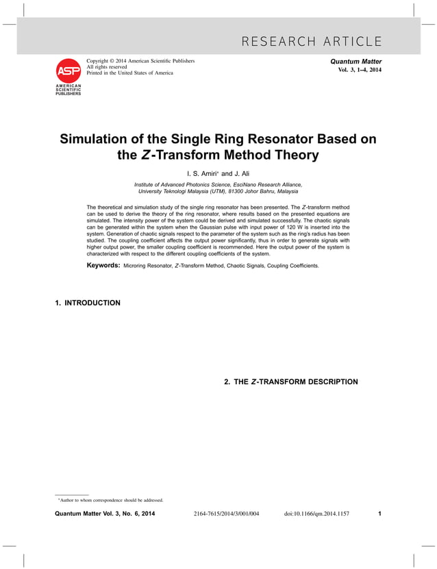 Simulation of the Single Ring Resonator Based on the Z-Transform Method Theory | PDF