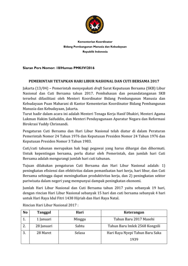 SKB 3 Menteri Hari Libur Nasional dan Cuti Bersama 2017 | PDF