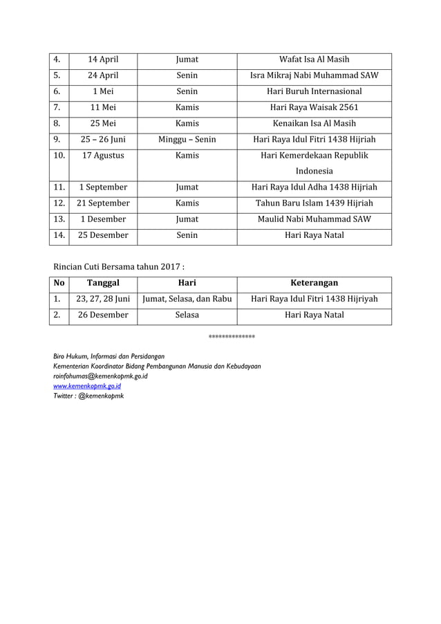 SKB 3 Menteri Hari Libur Nasional dan Cuti Bersama 2017 | PDF