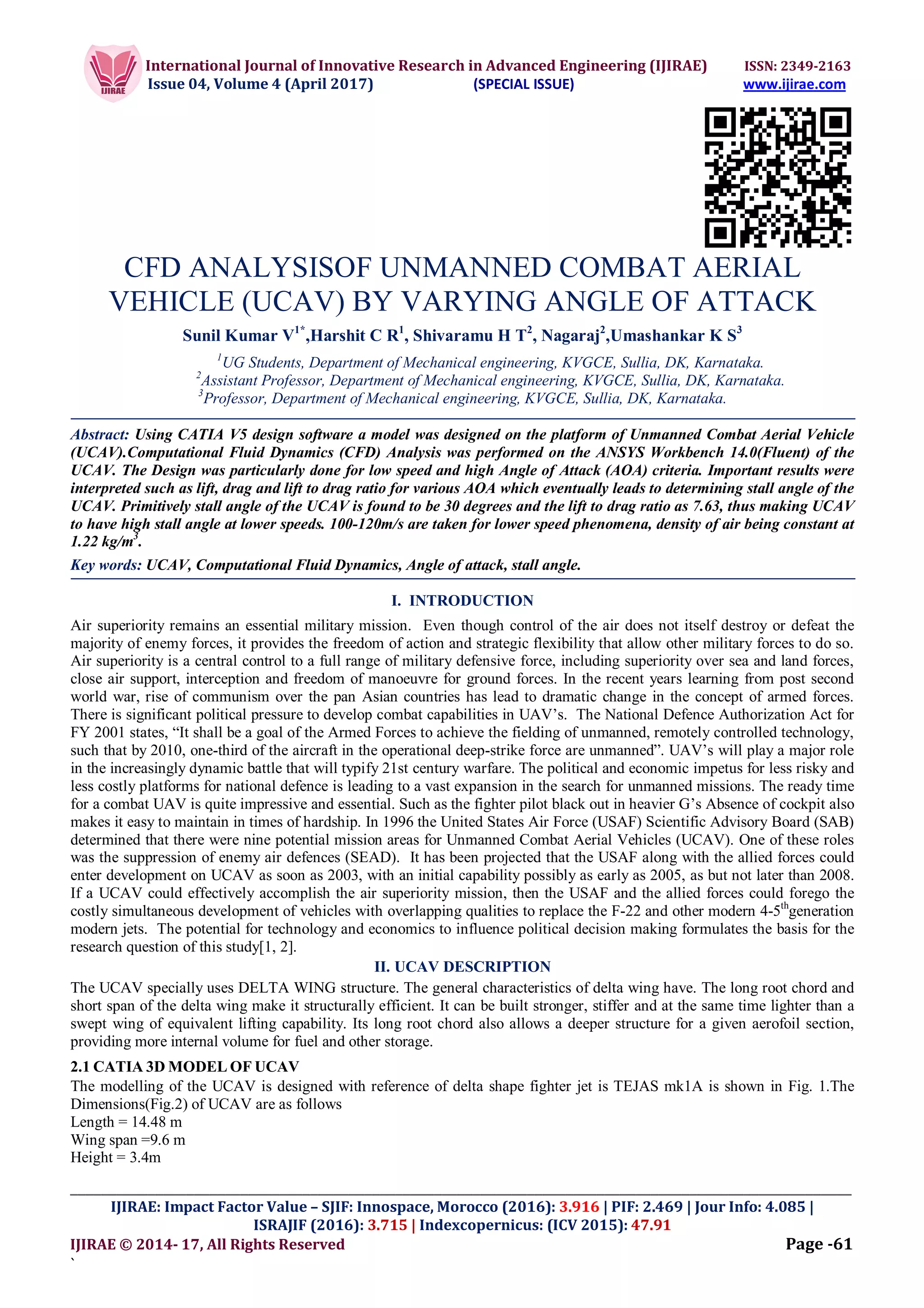 CFD ANALYSISOF UNMANNED COMBAT AERIAL VEHICLE (UCAV) BY VARYING ANGLE ...