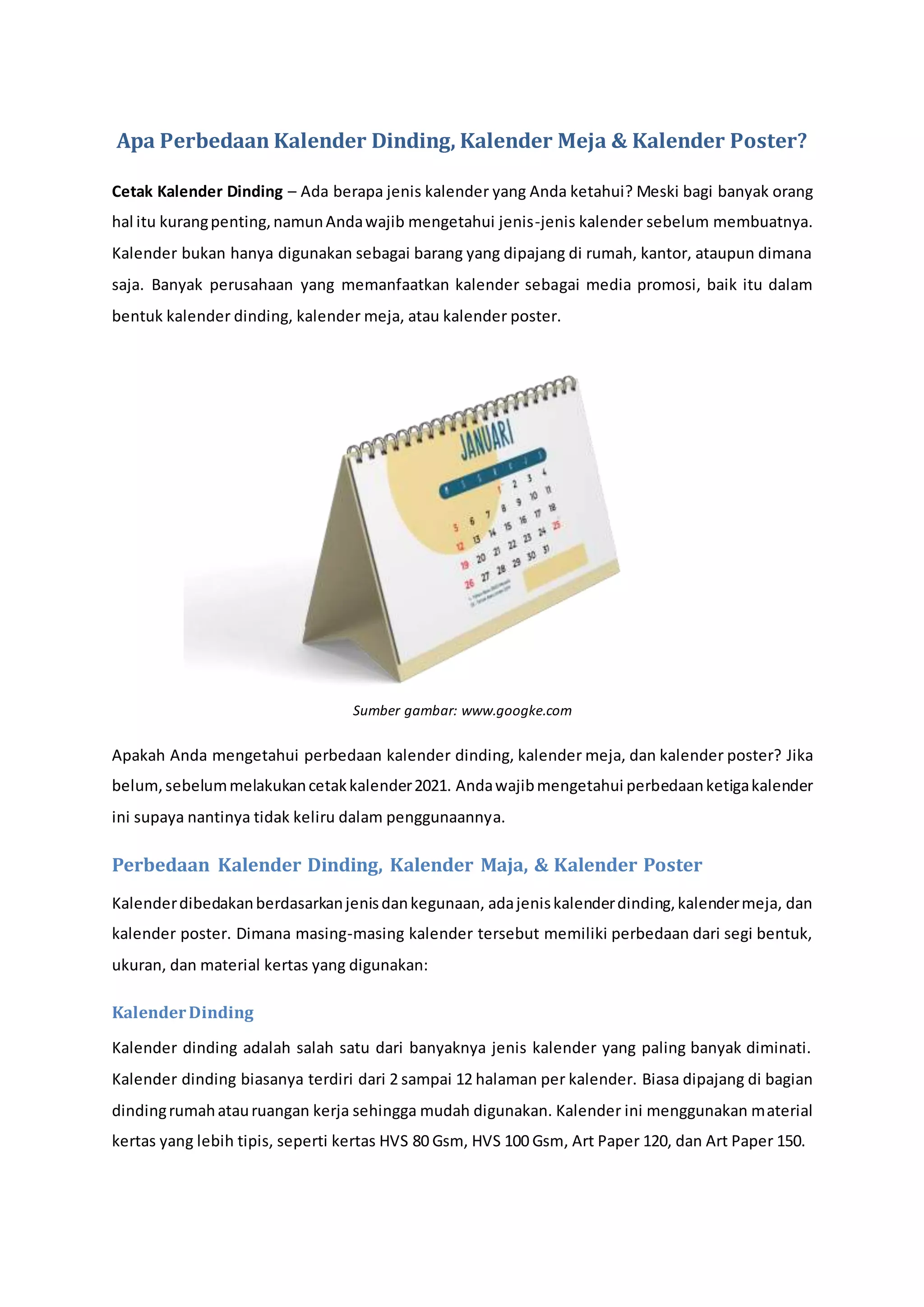 Apa Perbedaan Kalender Dinding, Kalender Meja & Kalender Poster? | PDF