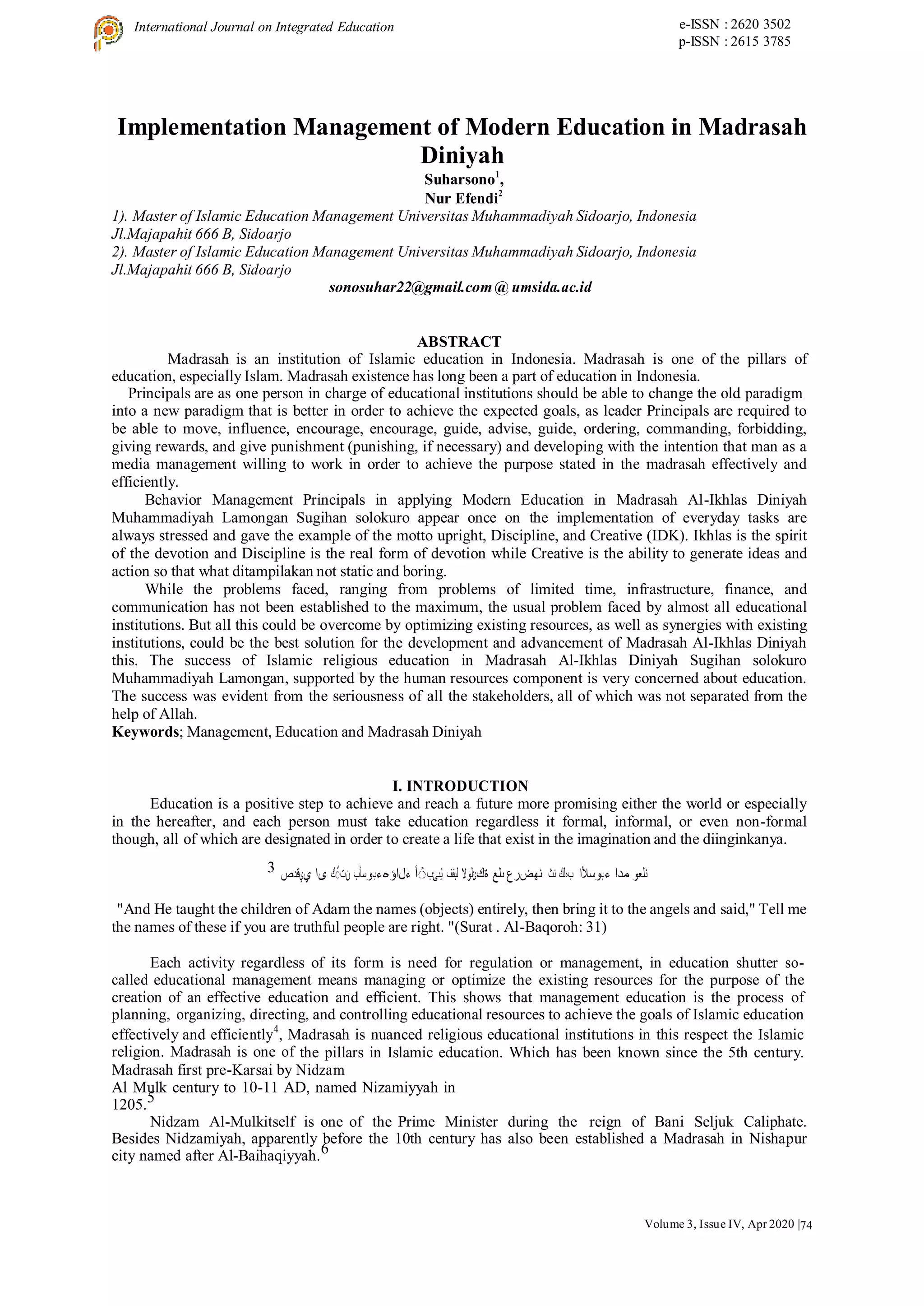 Implementation Management of Modern Education in Madrasah Diniyah | PDF