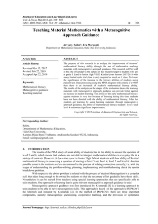Teaching Material Mathematics with a Metacognitive Approach Guidance | PDF