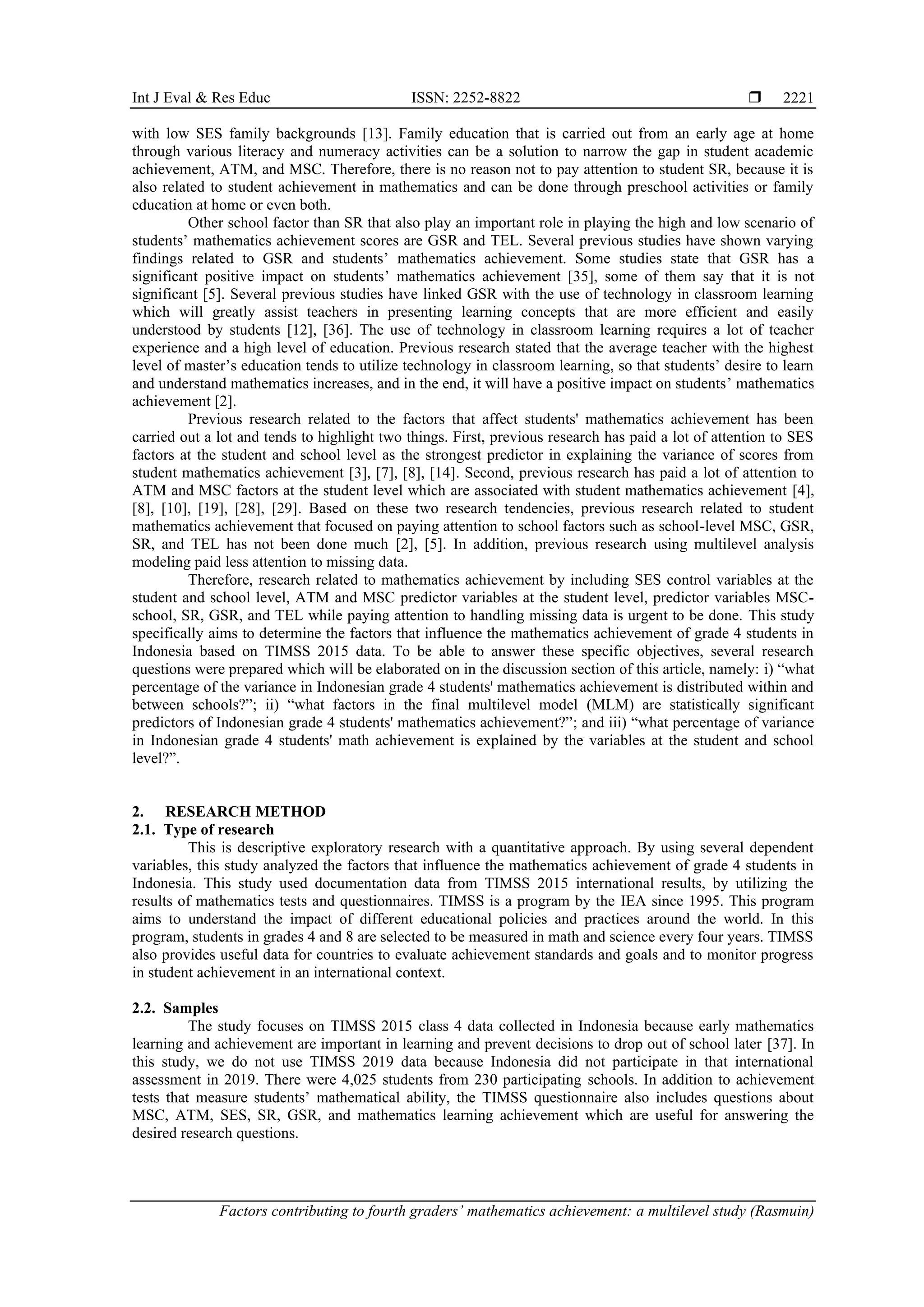 Factors contributing to fourth graders’ mathematics achievement: a ...