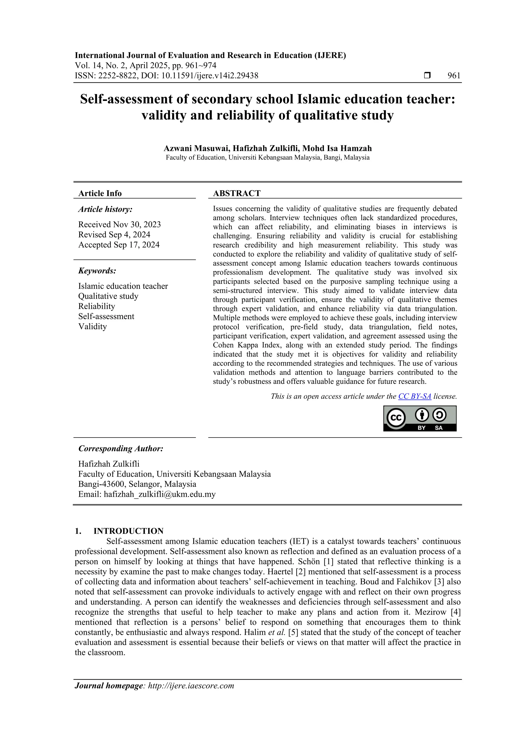 Self-assessment of secondary school Islamic education teacher: validity ...