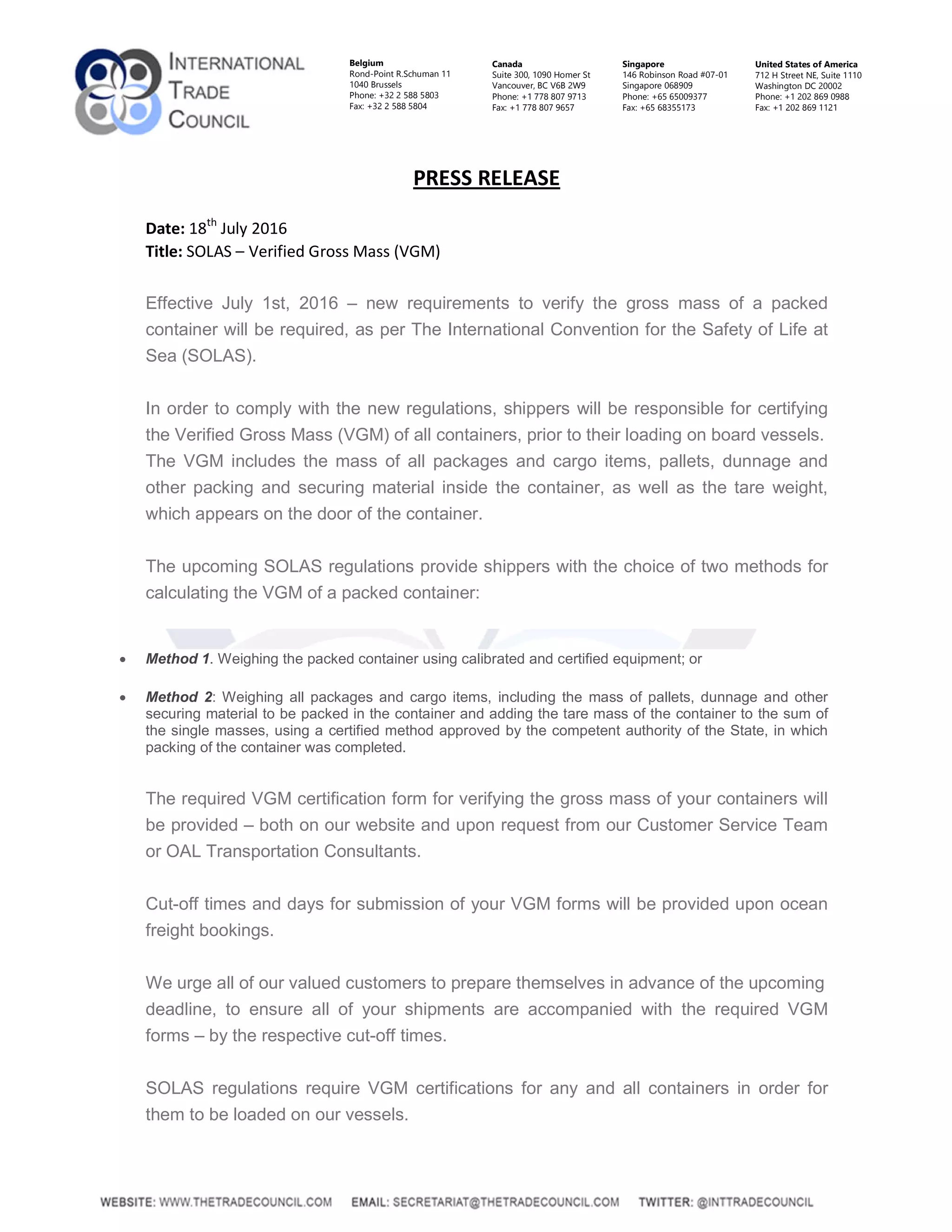SOLAS – Verified Gross Mass (VGM) | PDF