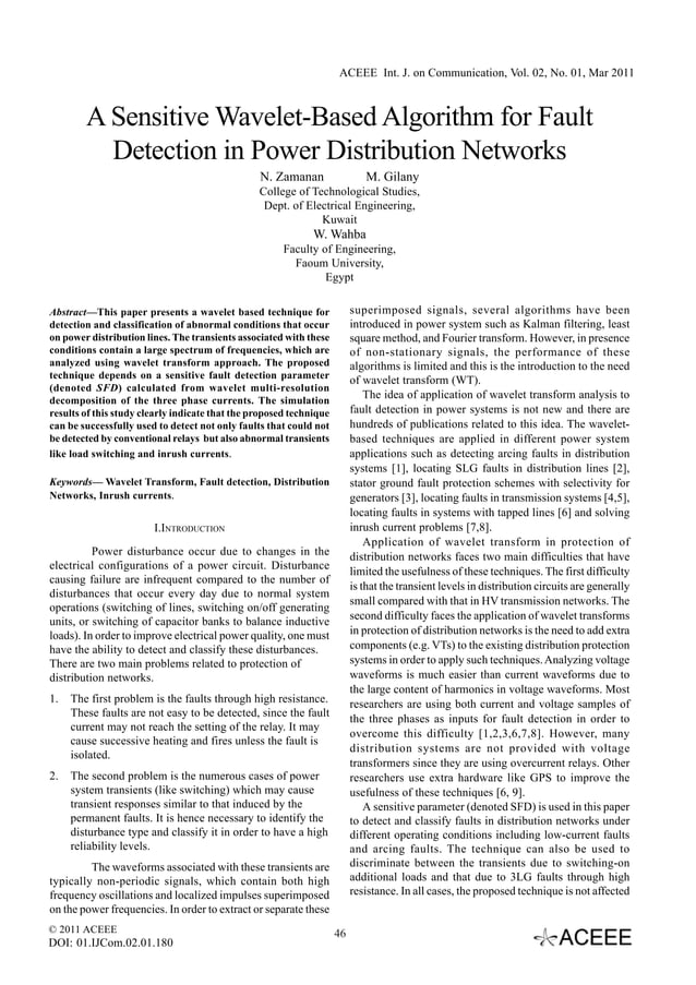 A Sensitive Wavelet Based Algorithm For Fault Detection In Power Distribution Networks Pdf