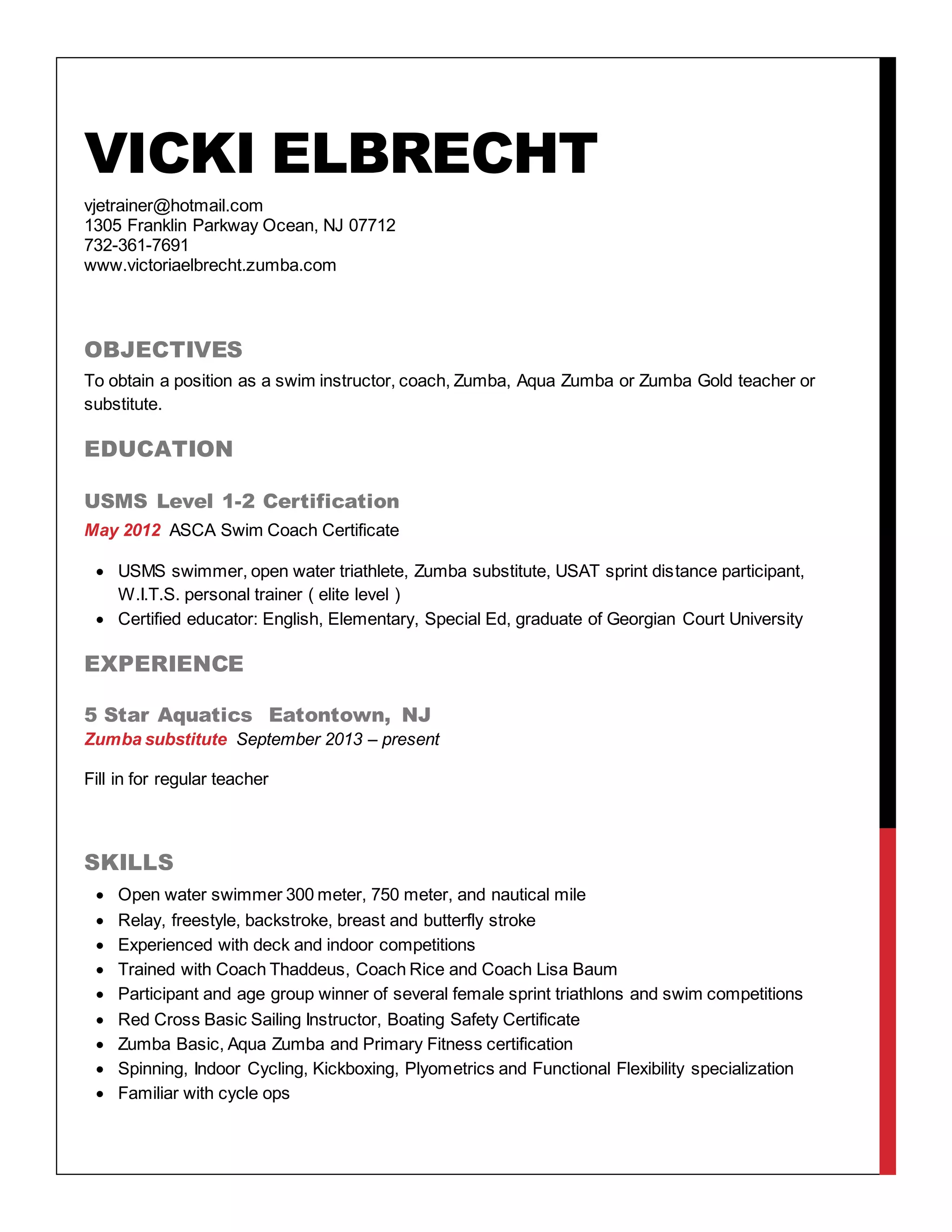 Vicki Elbrecht swim resume | DOCX