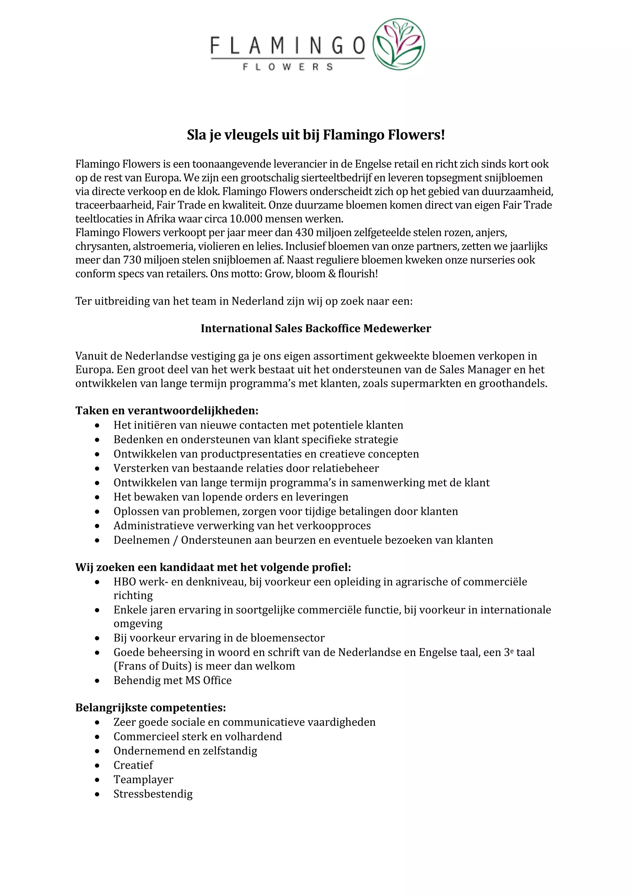 Vacature International Sales Backoffice Medewerker Flamingo Flowers BV | PDF