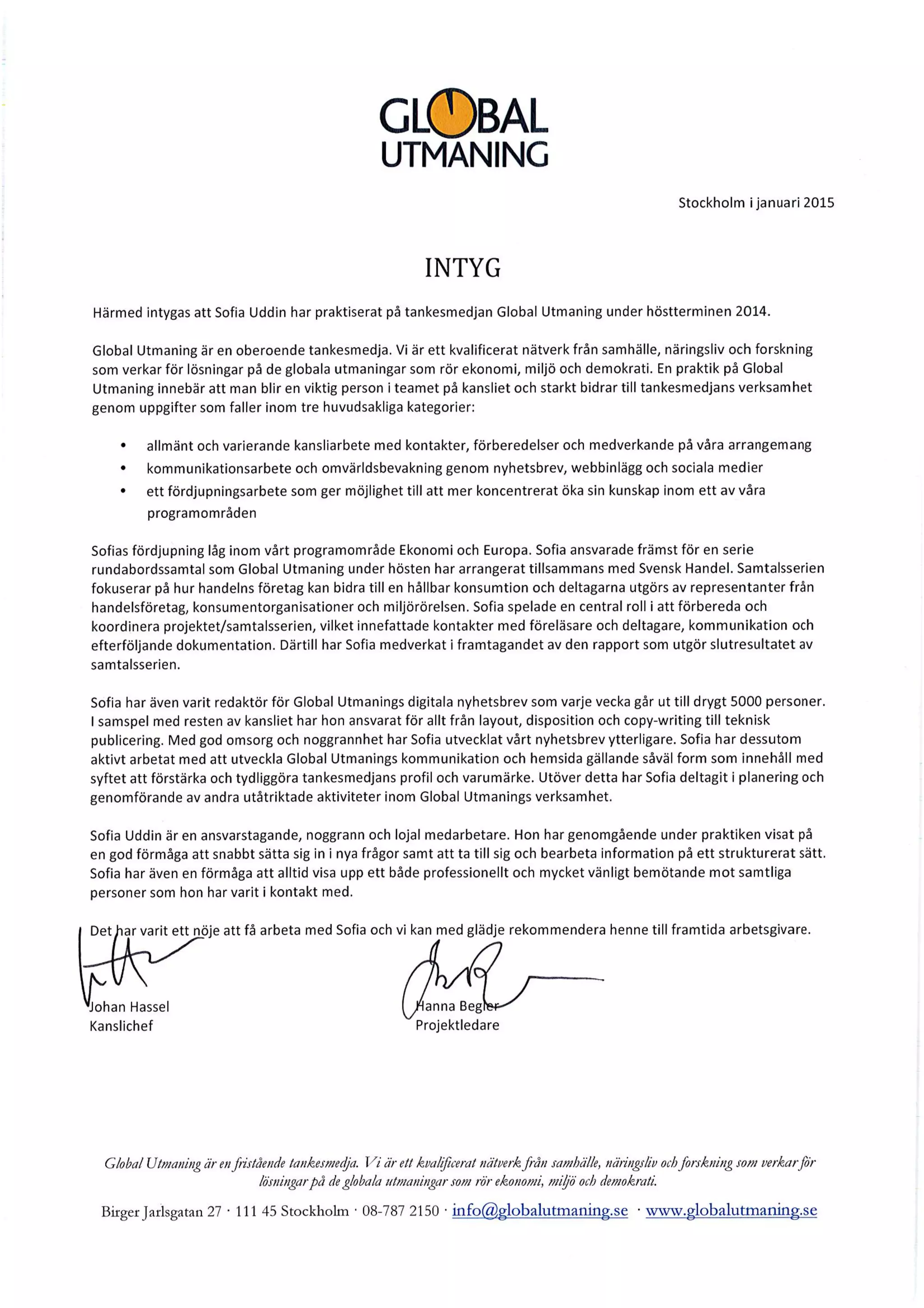 Intyg från Global Utmaning - Sofia Uddin | PDF