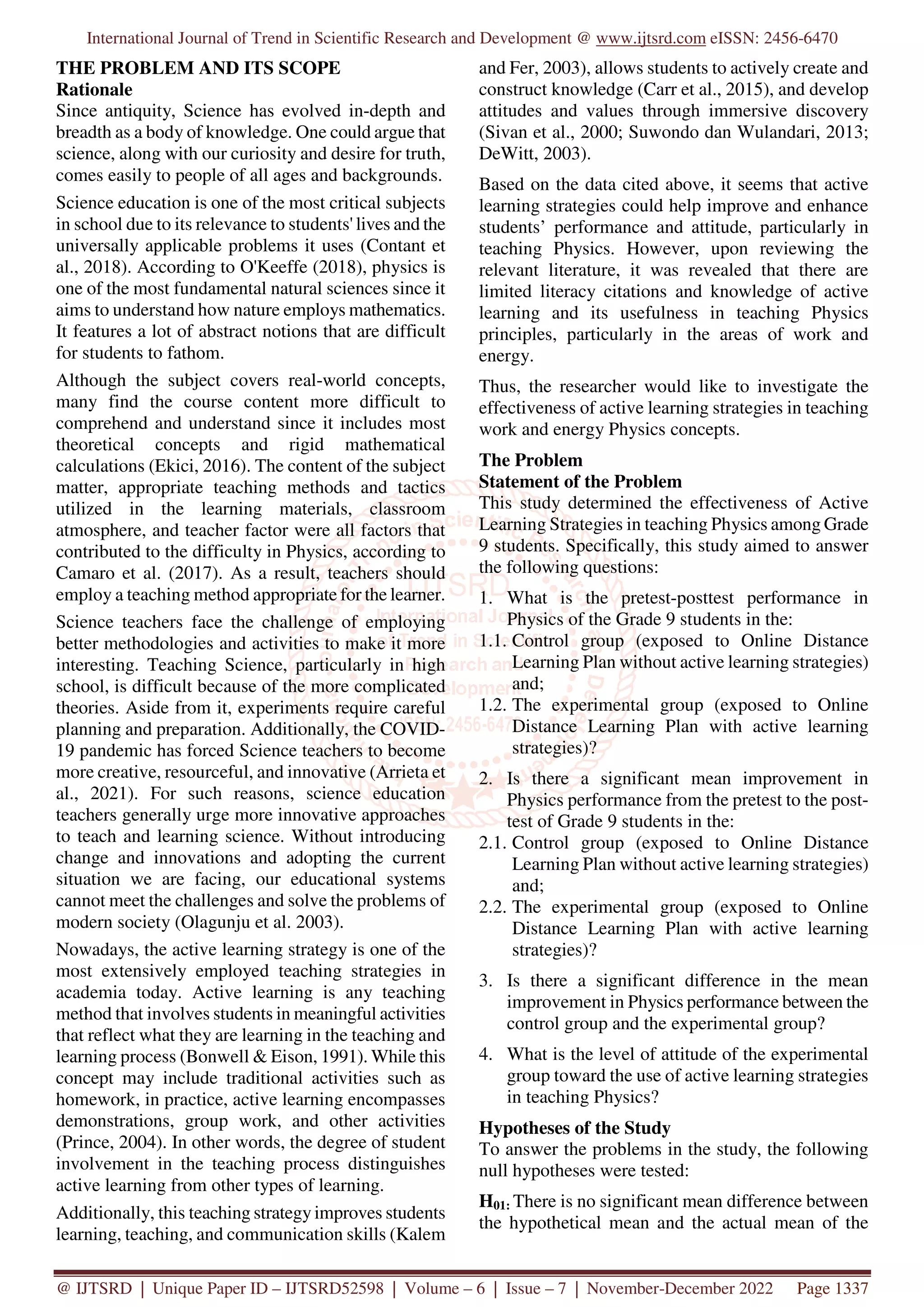 Effects of Active Learning Strategies in Teaching Physics | PDF