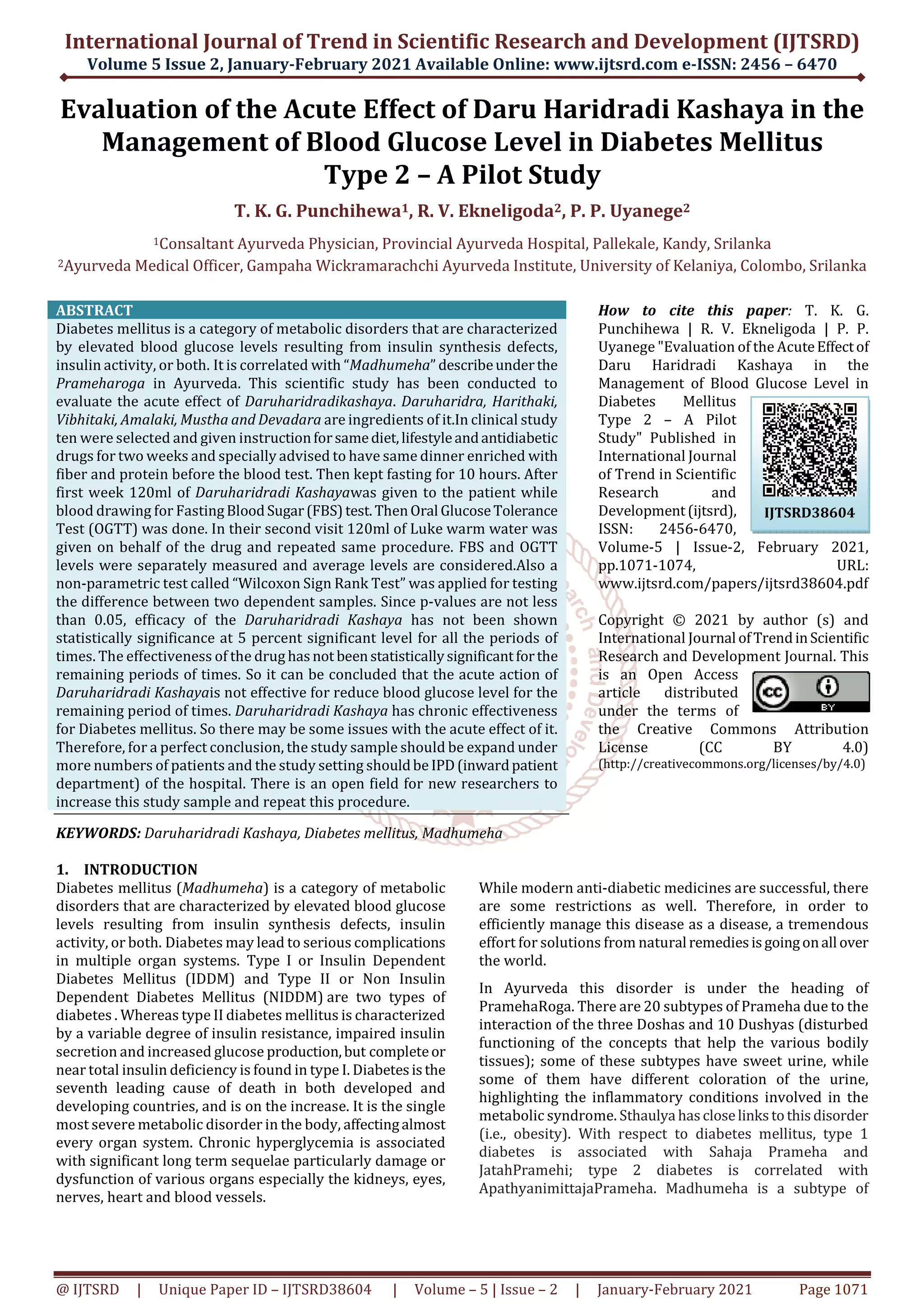 Evaluation of the Acute Effect of Daru Haridradi Kashaya in the ...