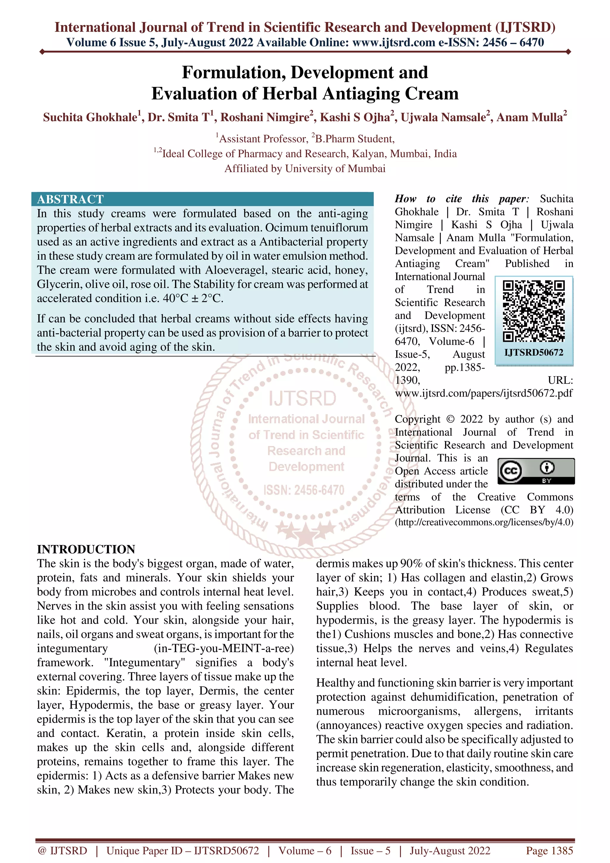 Formulation, Development and Evaluation of Herbal Antiaging Cream | PDF