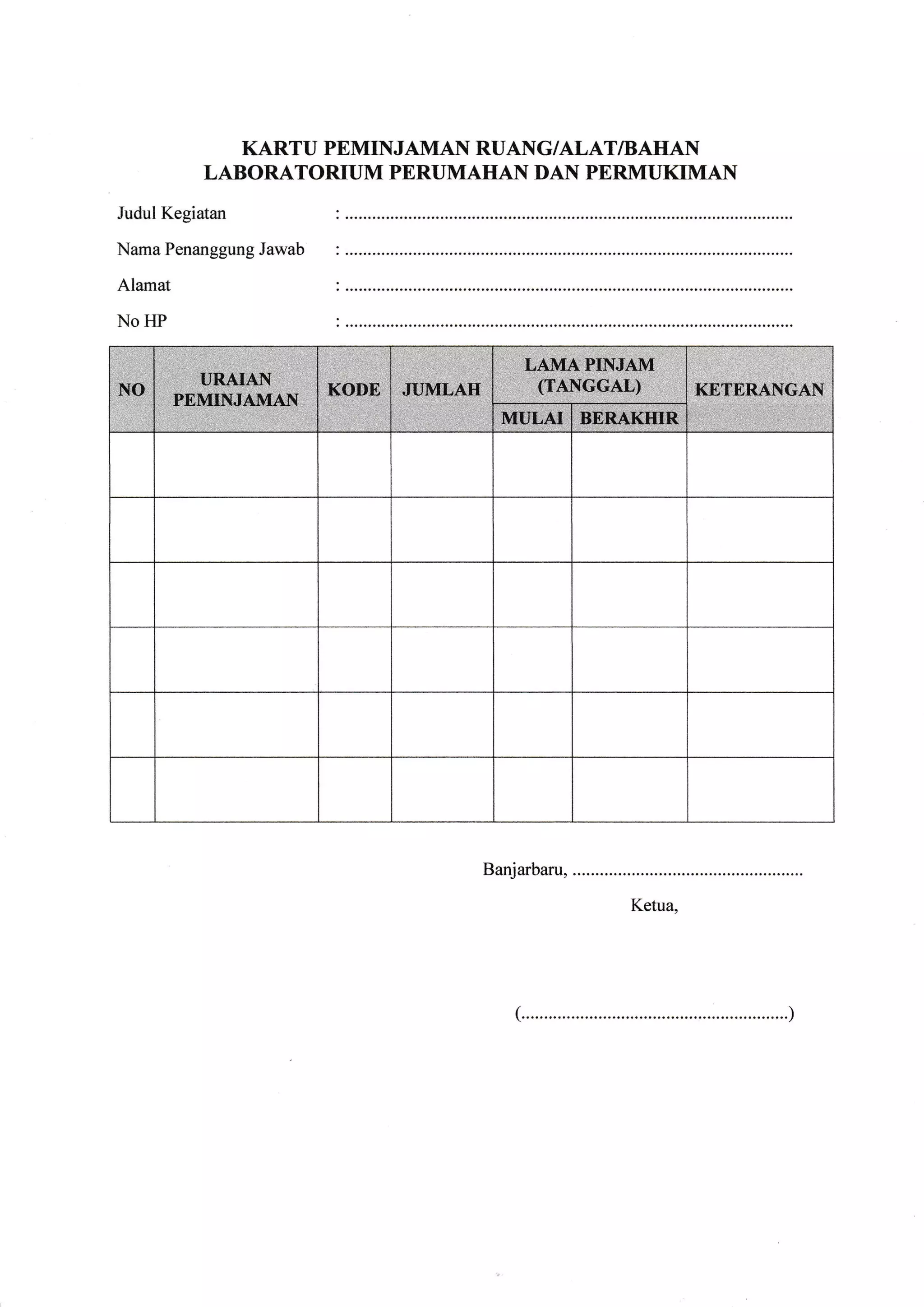 contoh kartu pinjaman alat copy | PDF