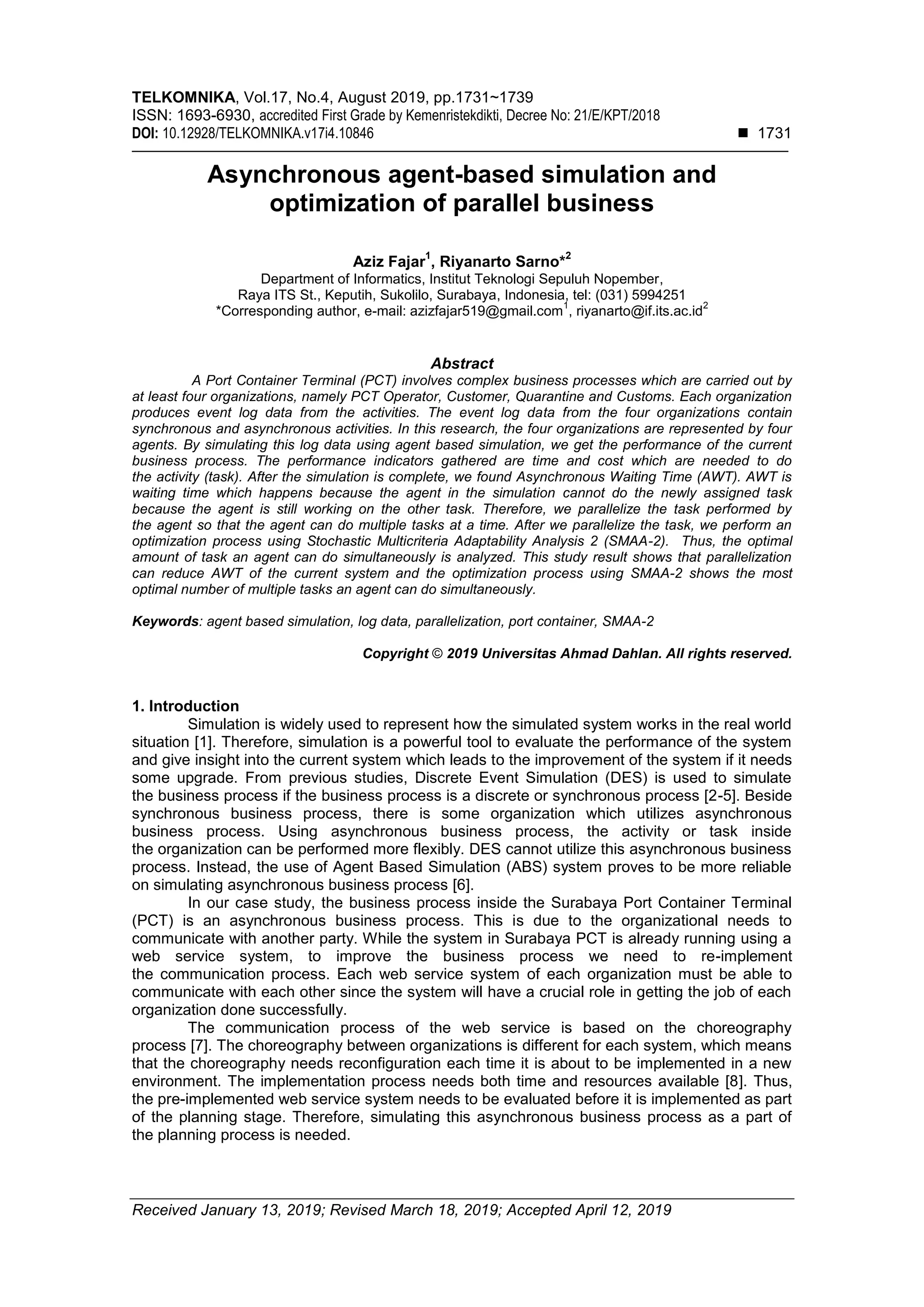Asynchronous agent-based simulation and optimization of parallel business | PDF