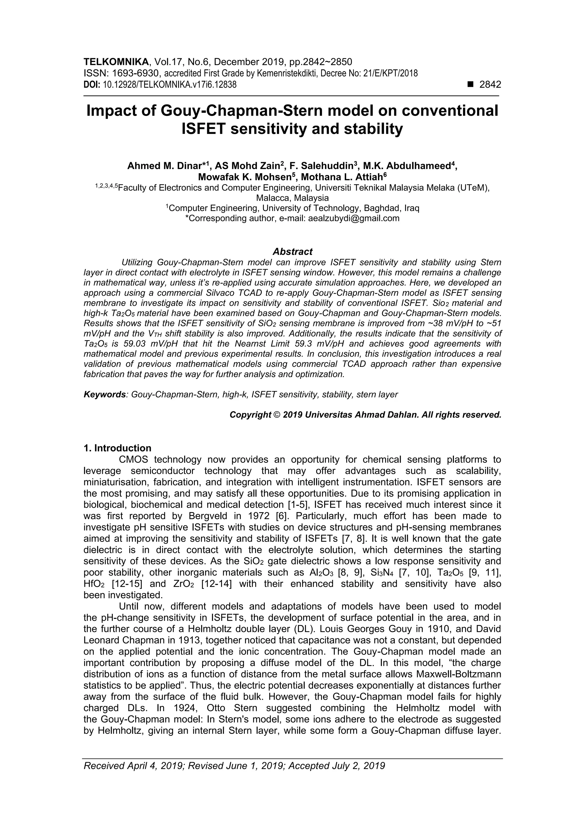 Impact of Gouy-Chapman-Stern model on conventional ISFET sensitivity ...