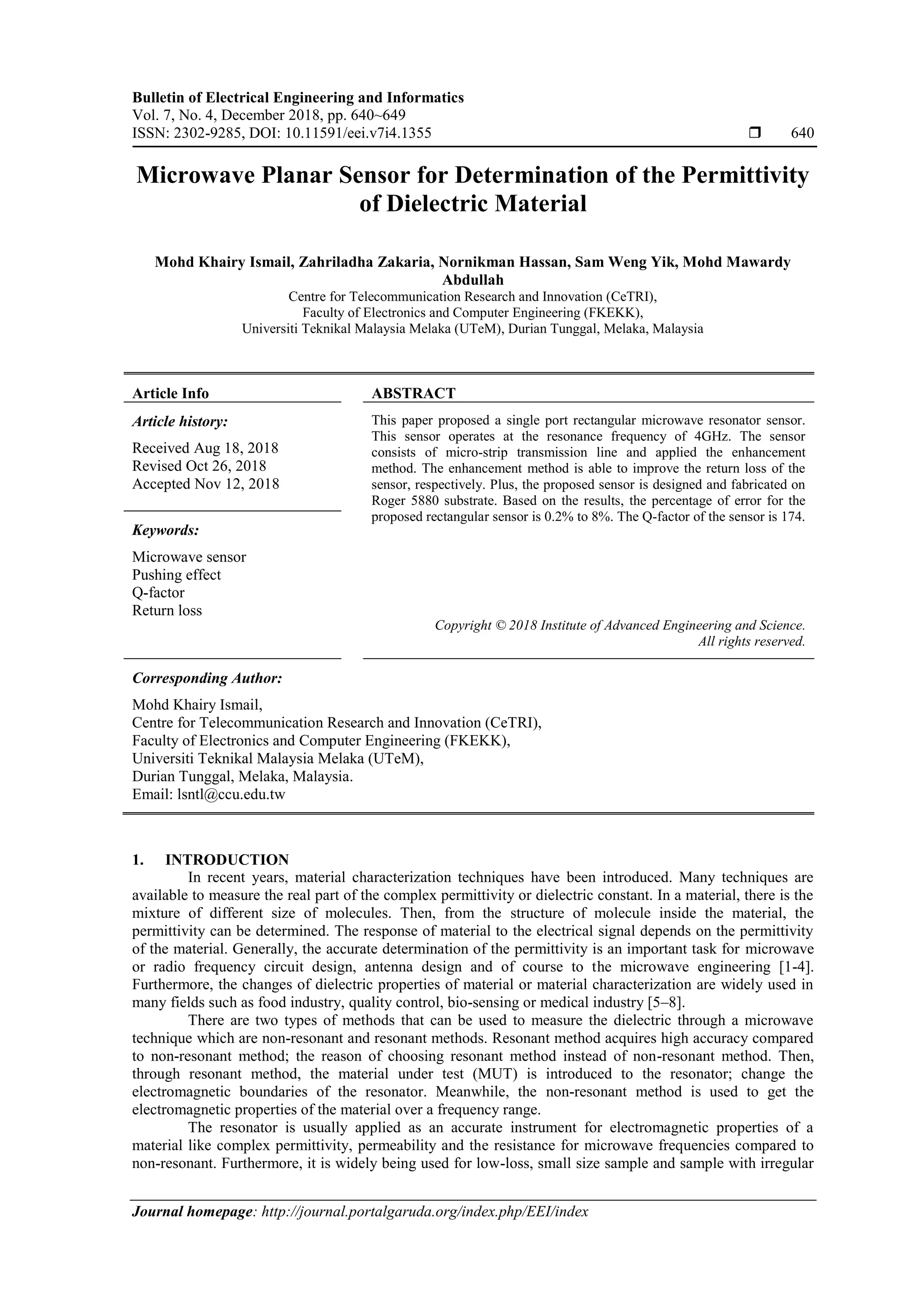 Microwave Planar Sensor for Determination of the Permittivity of ...