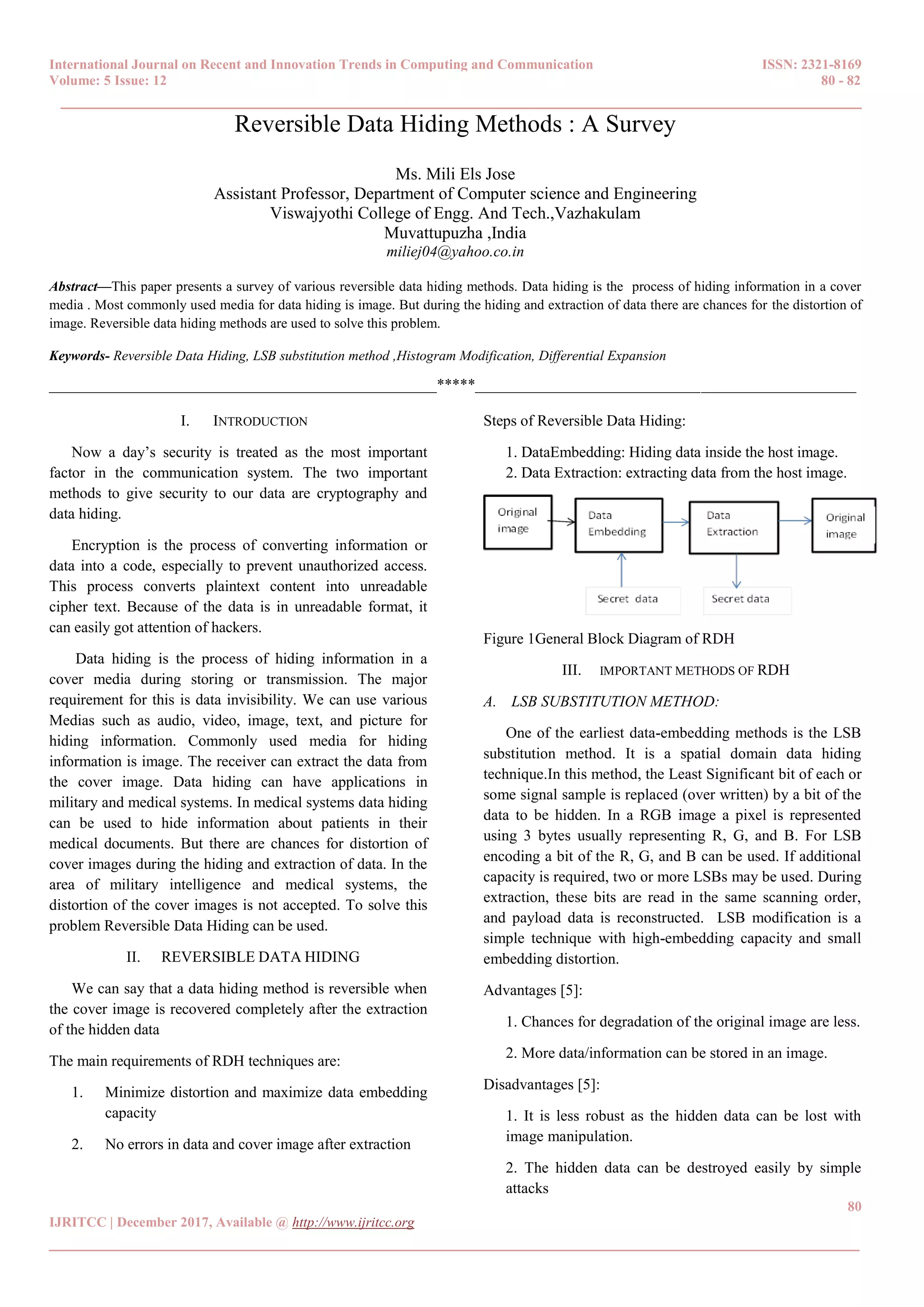 Reversible Data Hiding Methods A Survey Pdf