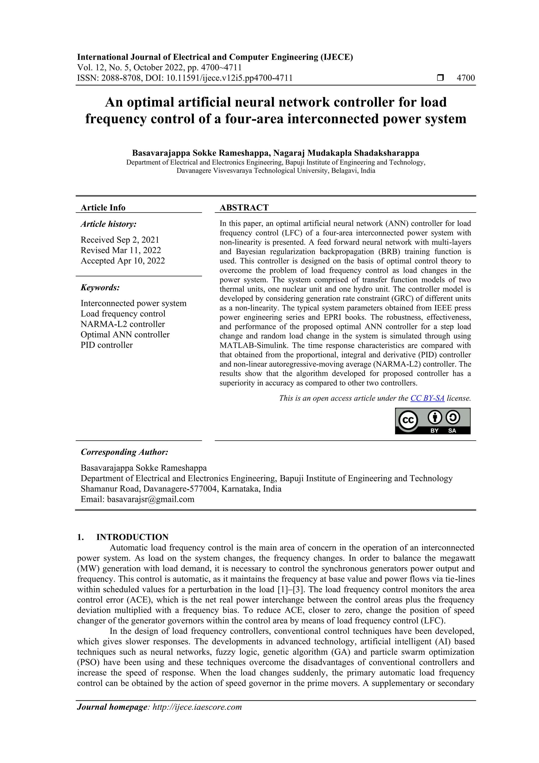 An Optimal Artificial Neural Network Controller For Load Frequency Control Of A Four Area 5760
