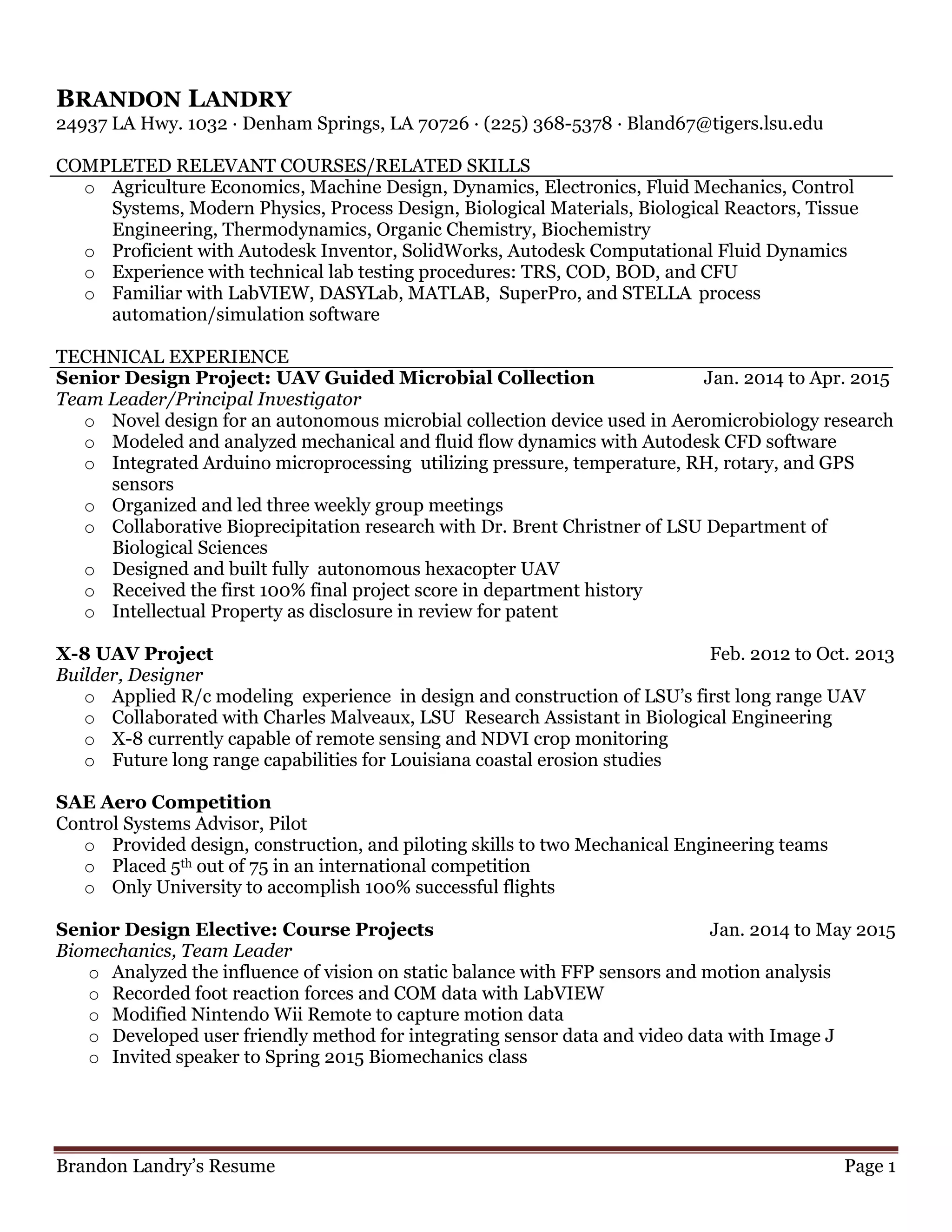 Brandon Landry's Resume Spring 2015 | PDF