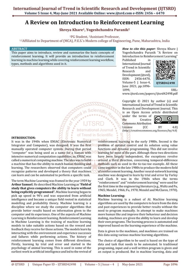 A Review on Introduction to Reinforcement Learning | PDF | Technology & Computing