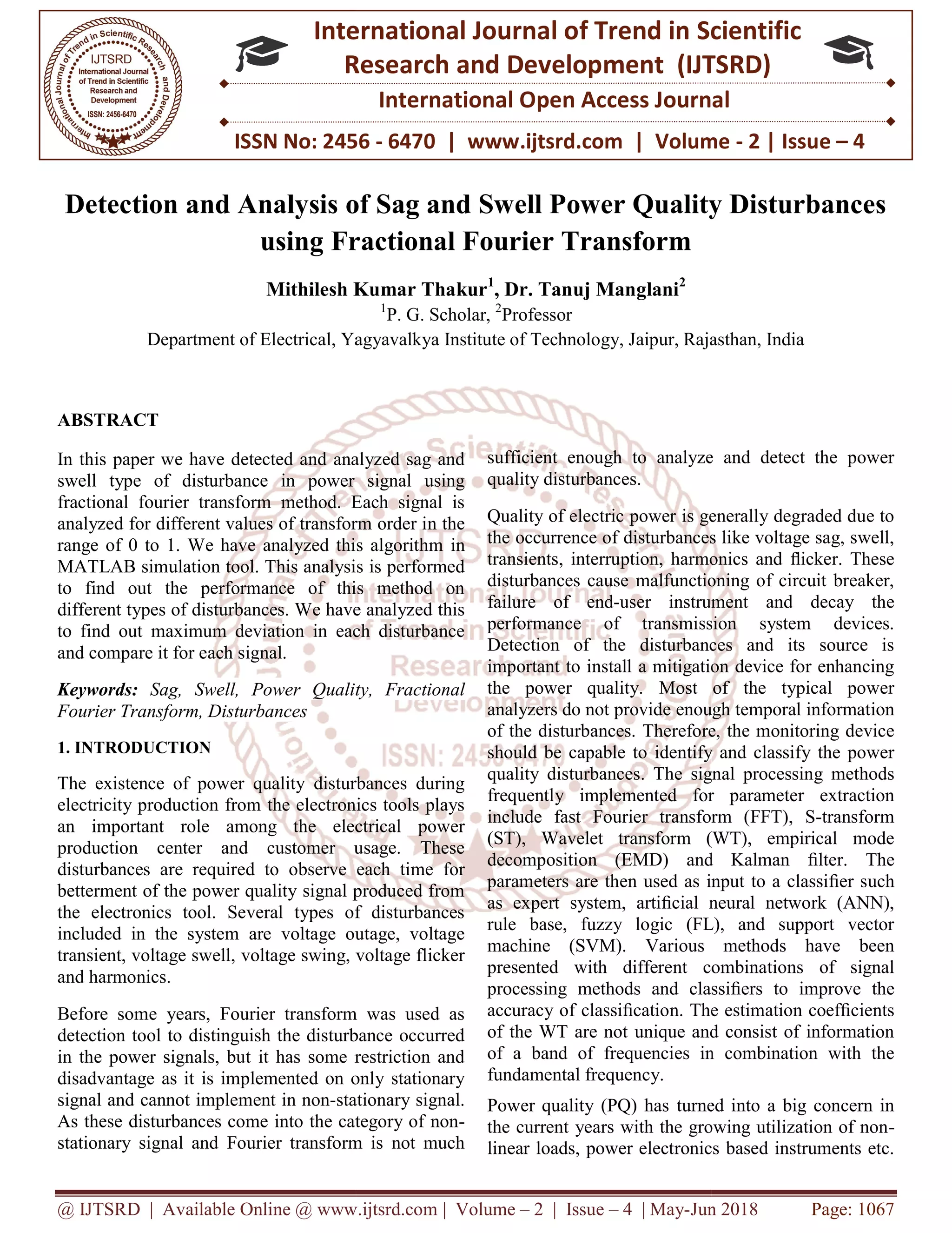 Detection And Analysis Of Sag And Swell Power Quality Disturbances