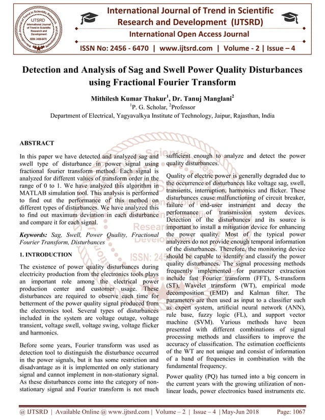 Detection and Analysis of Sag and Swell Power Quality Disturbances using Fractional Fourier ...