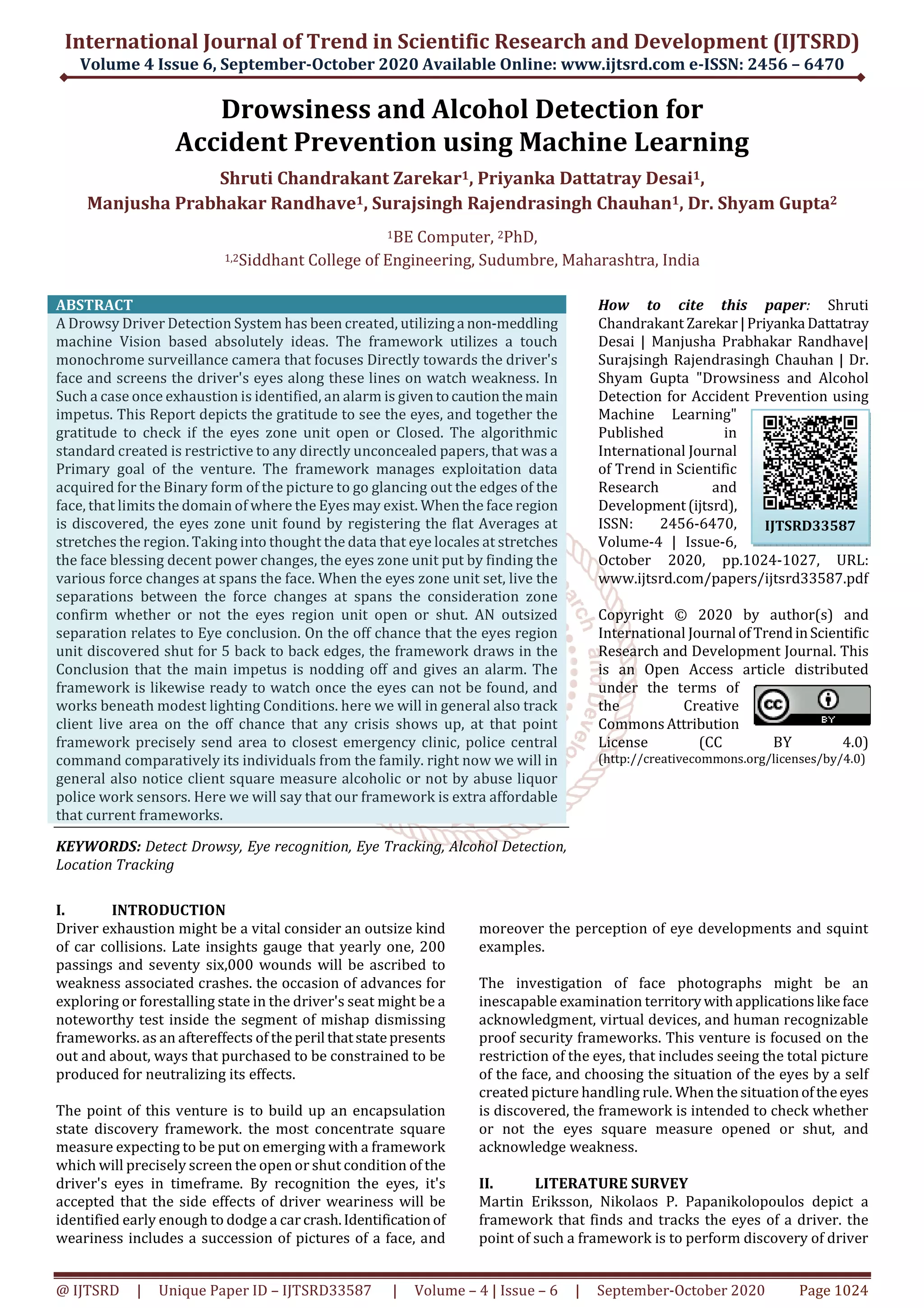 Drowsiness and Alcohol Detection for Accident Prevention using Machine ...