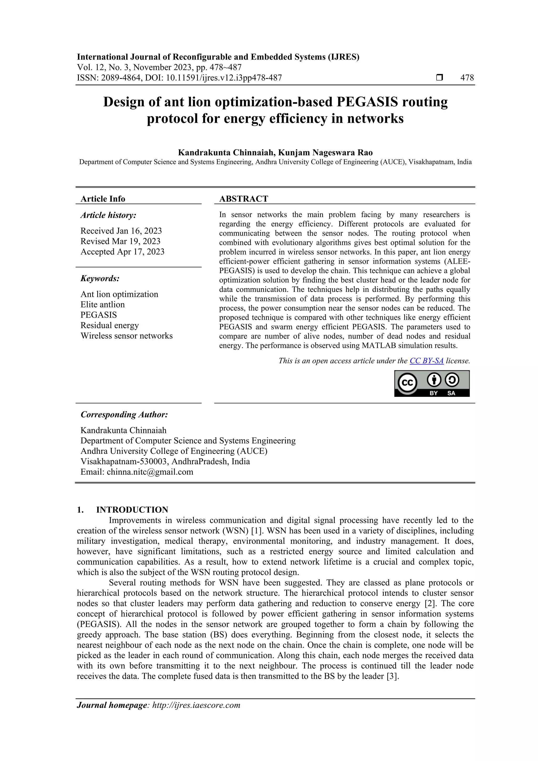 Design of ant lion optimization-based PEGASIS routing protocol for energy efficiency in networks ...