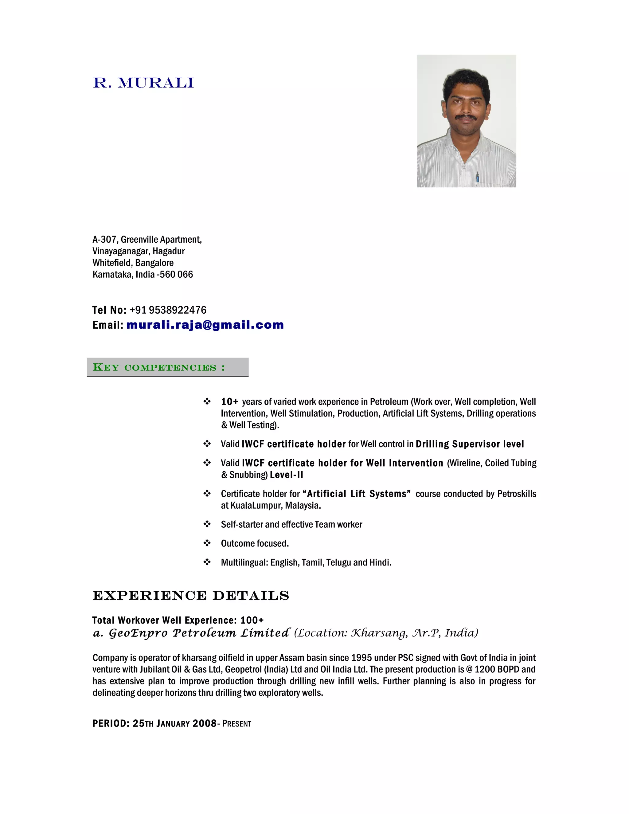 Petroleum Engr.R.Murali_CV(1) | DOC | Civil Engineering Industry | Industries