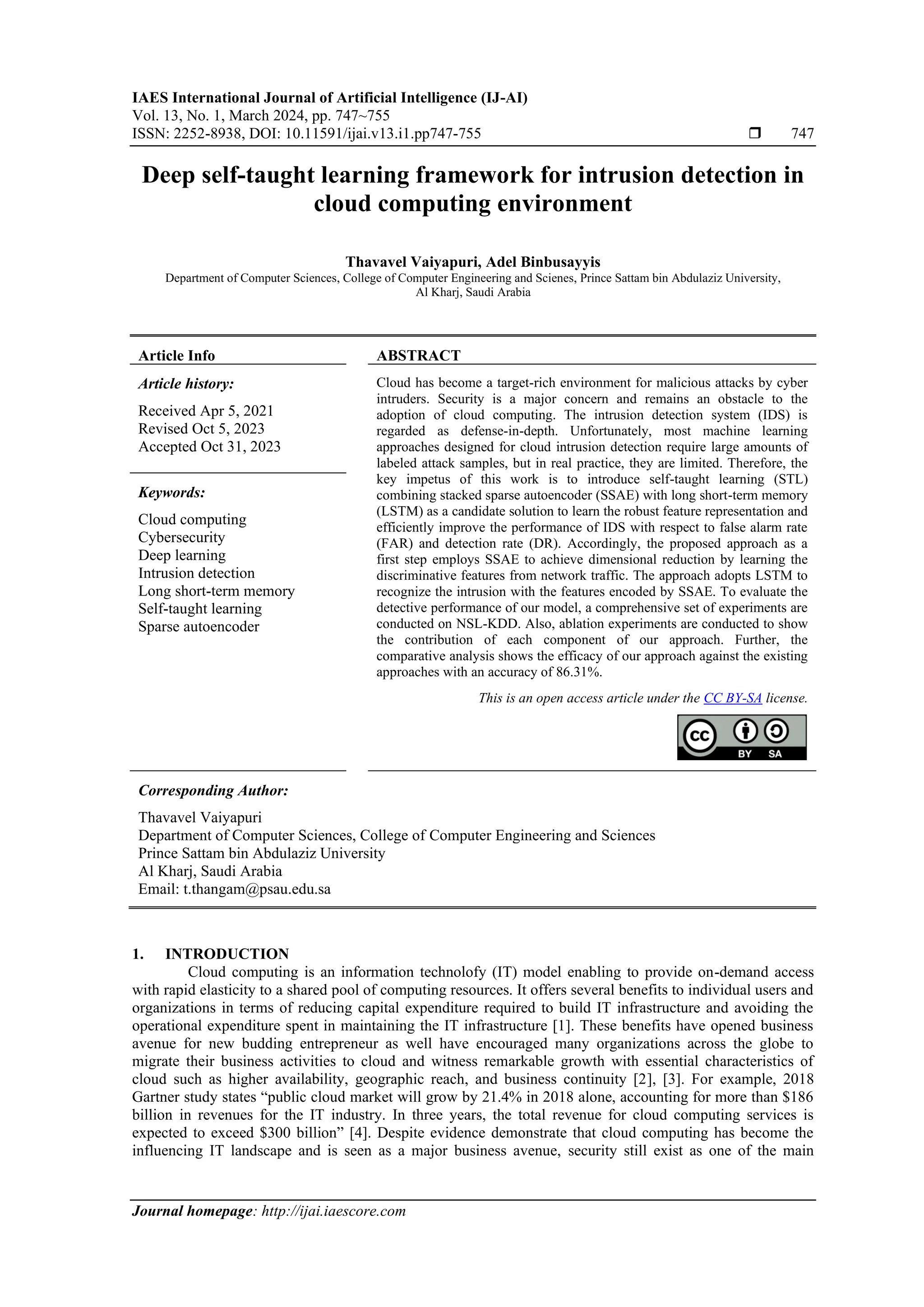 Deep self-taught learning framework for intrusion detection in cloud computing environment | PDF