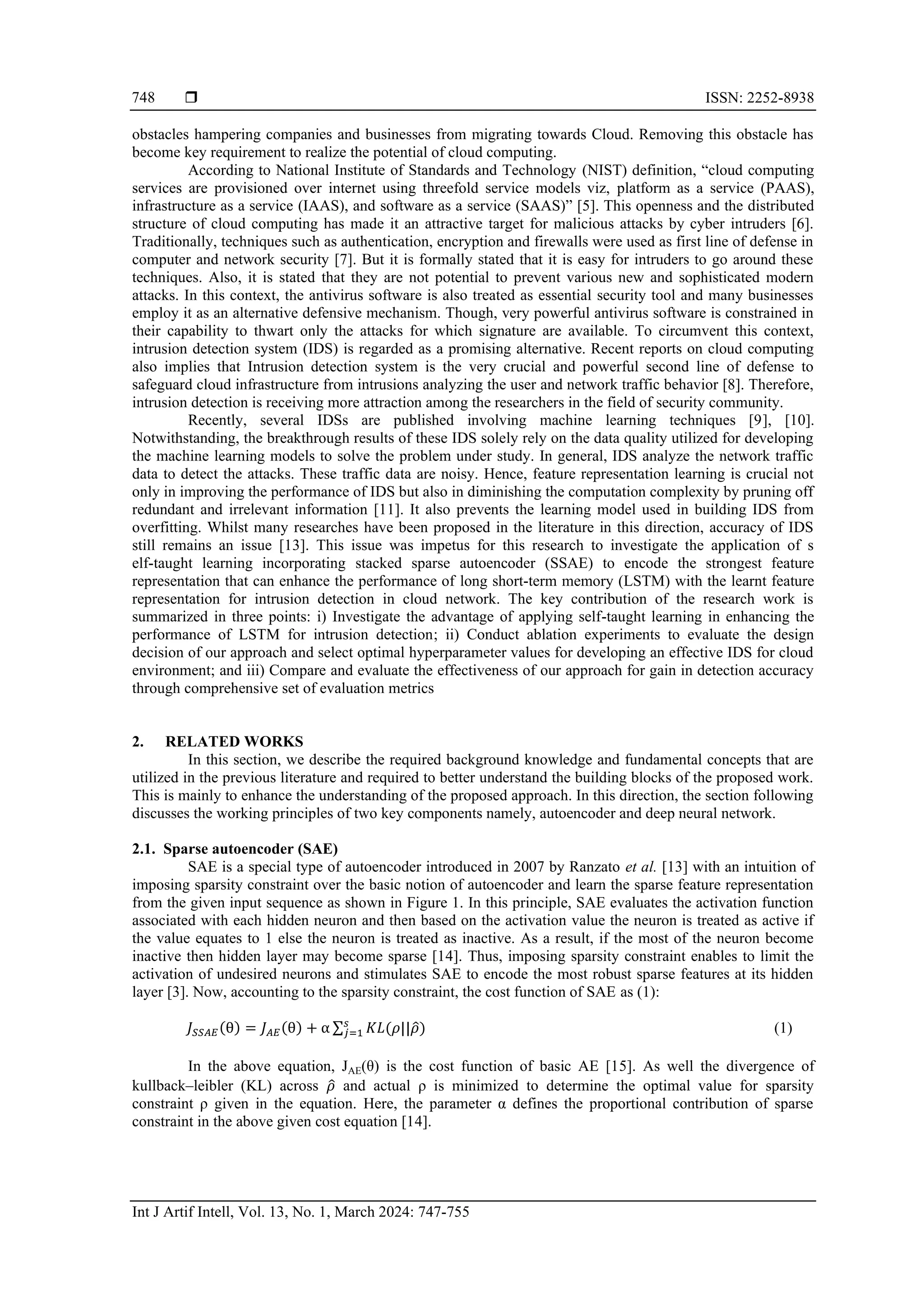 Deep Self Taught Learning Framework For Intrusion Detection In Cloud
