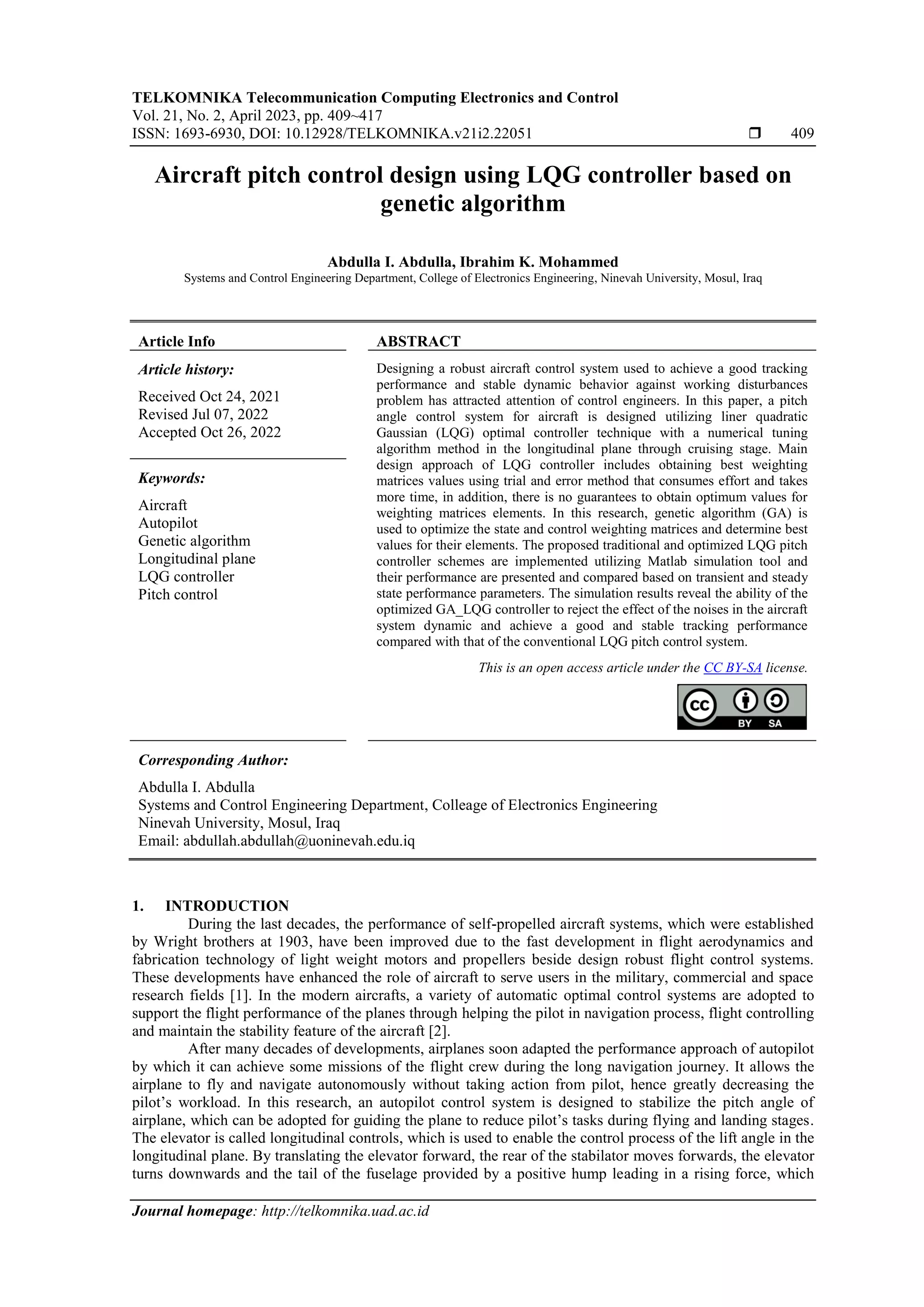 Aircraft pitch control design using LQG controller based on genetic algorithm | PDF