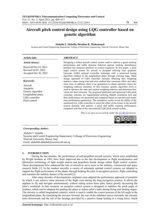Aircraft pitch control design using LQG controller based on genetic algorithm | PDF