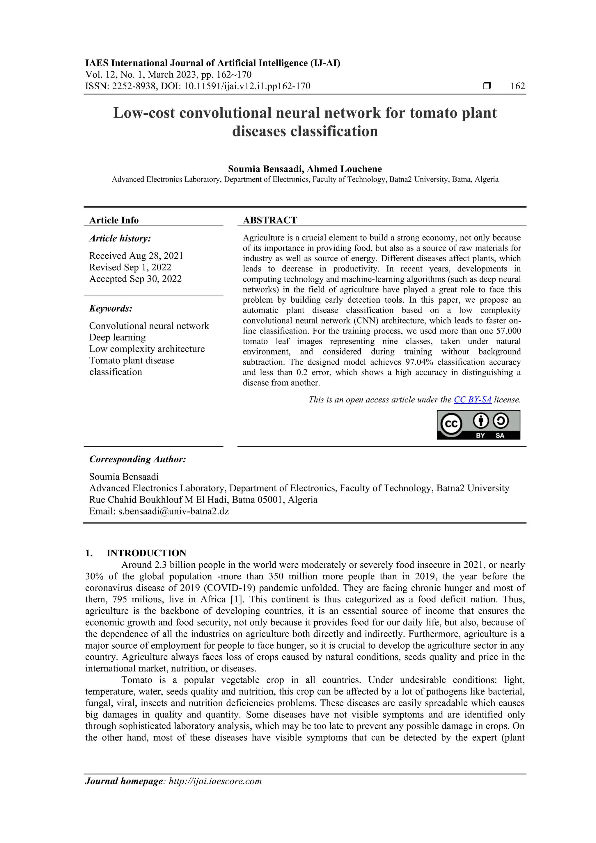 Low-cost convolutional neural network for tomato plant diseases classification | PDF ...