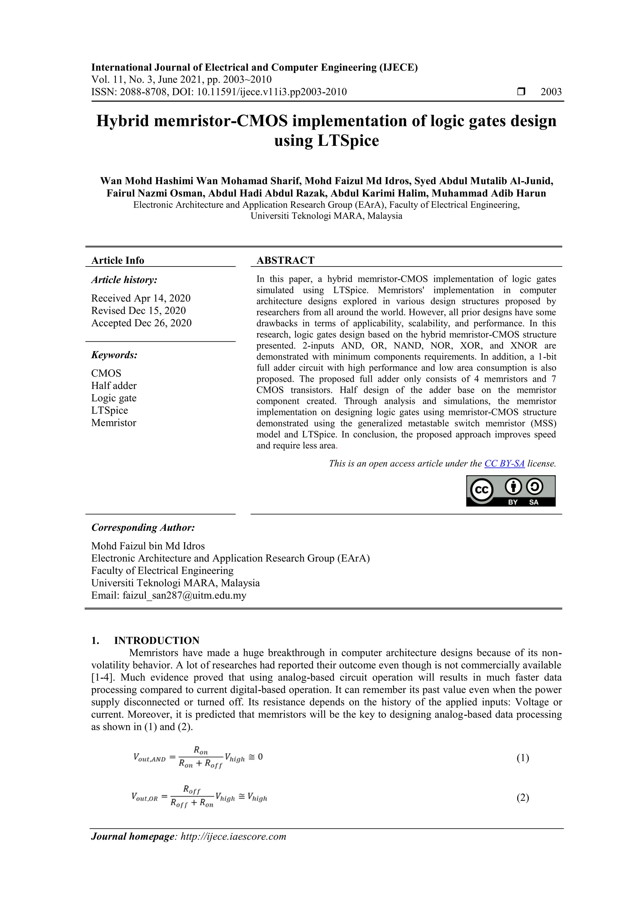 Hybrid memristor-CMOS implementation of logic gates design using ...